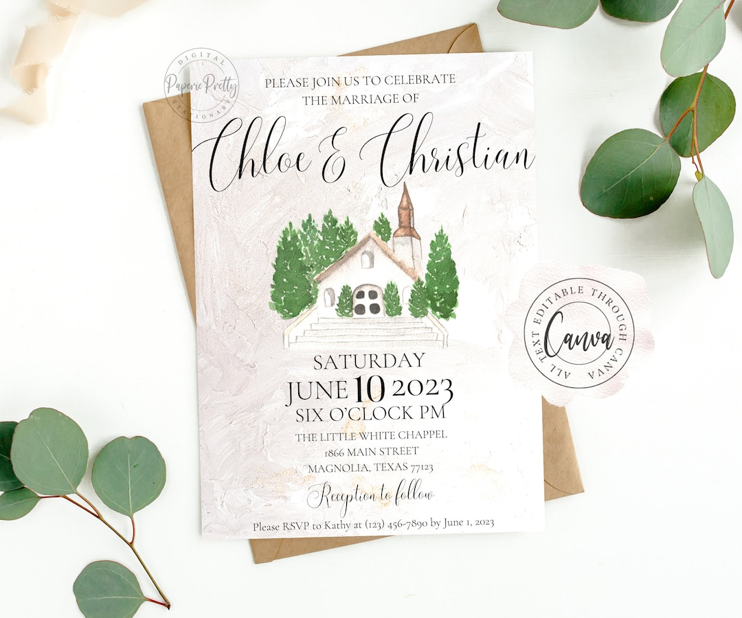 Digital Chapel Wedding Invitation, Canva Editable Wedding Invite ...