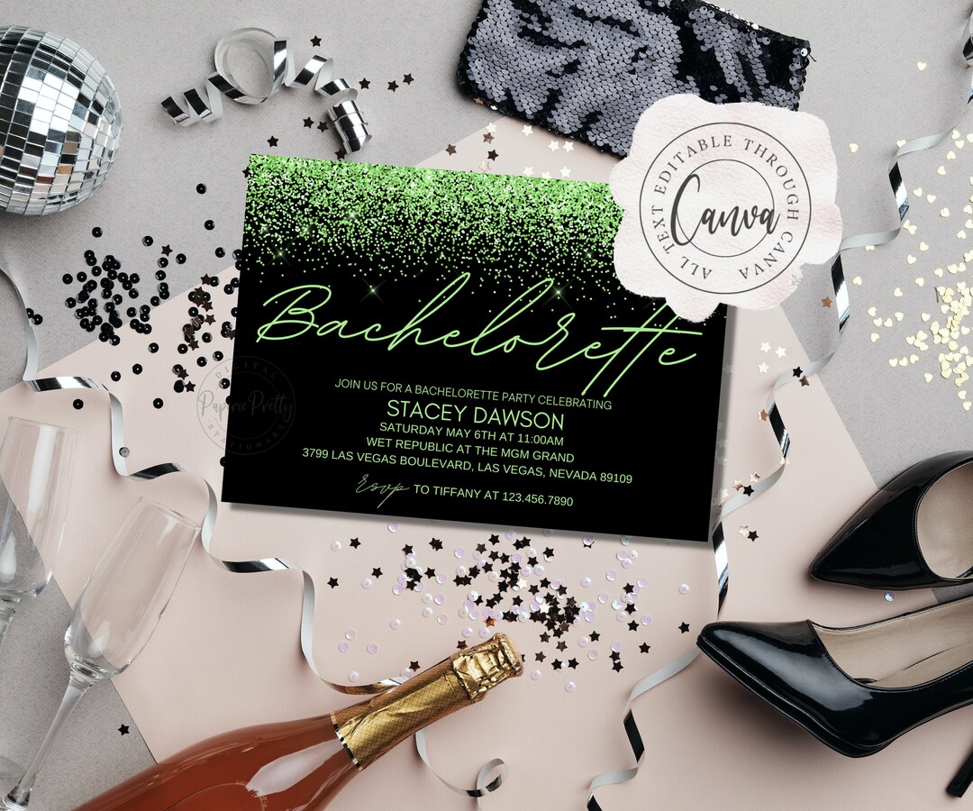 Lime Green Sparkle Bachelorette Party Invitation Template, Hen Party ...