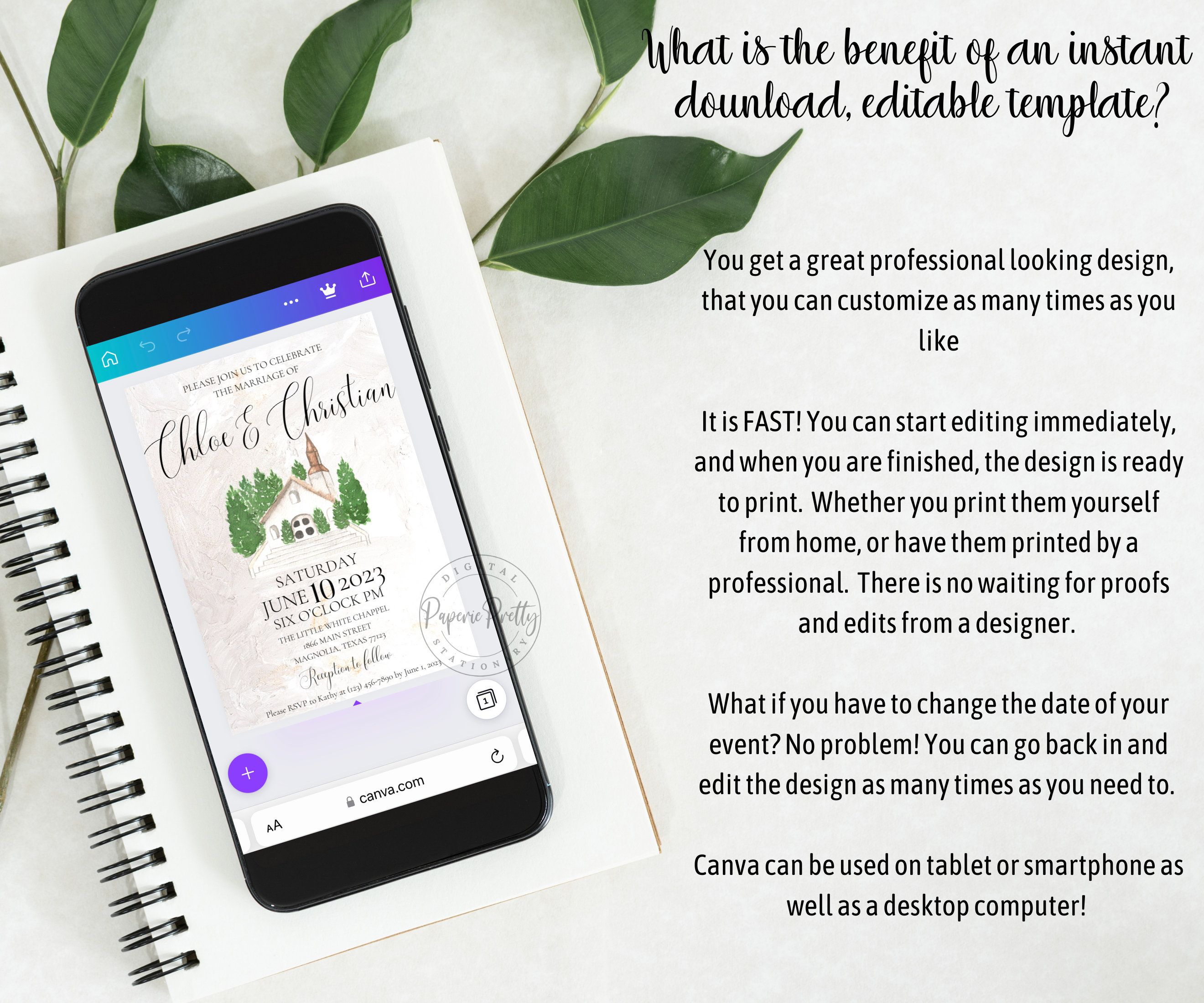 Digital Chapel Wedding Invitation, Canva Editable Wedding Invite ...