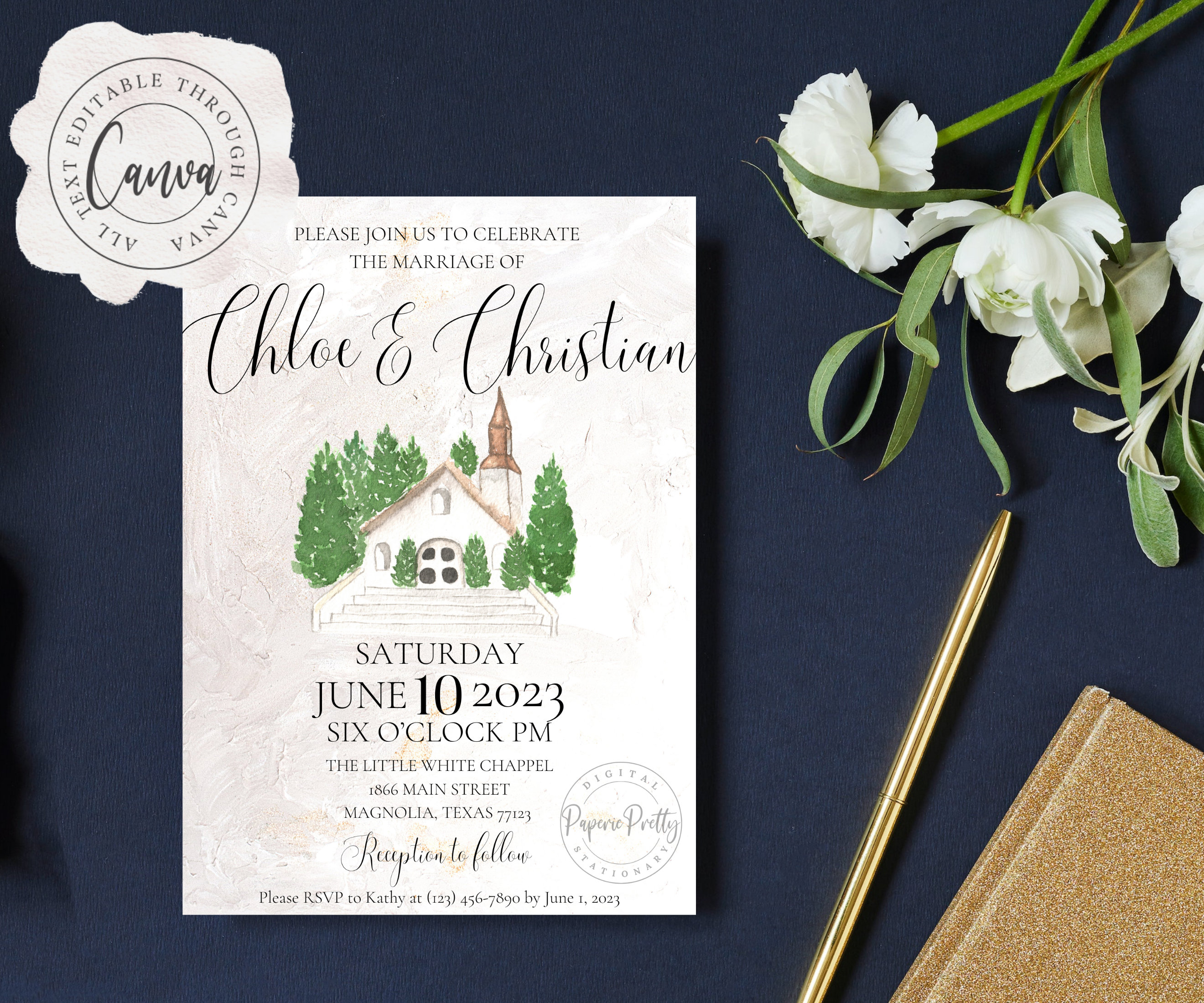 Digital Chapel Wedding Invitation, Canva Editable Wedding Invite ...