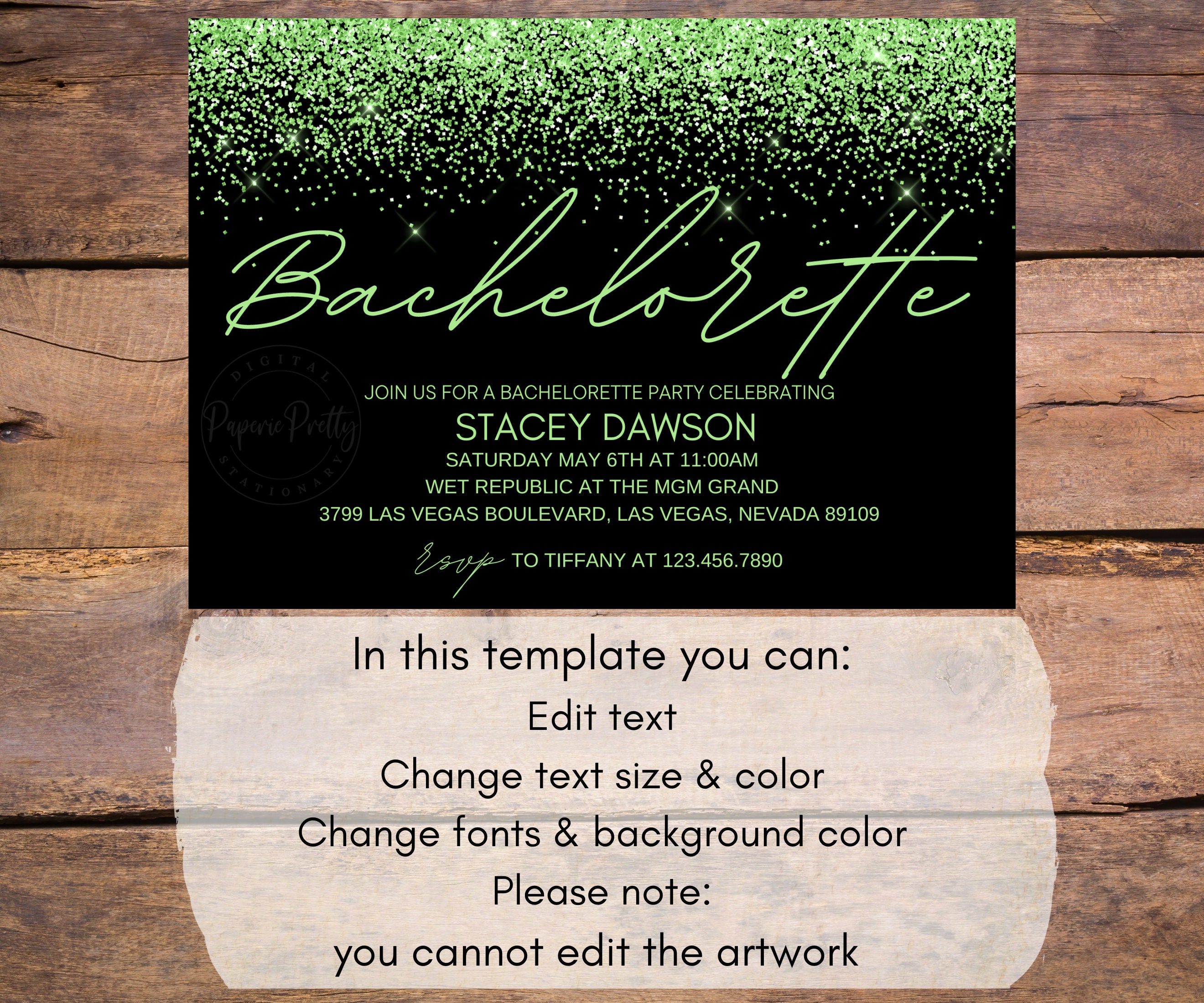 Lime Green Sparkle Bachelorette Party Invitation Template, Hen Party ...