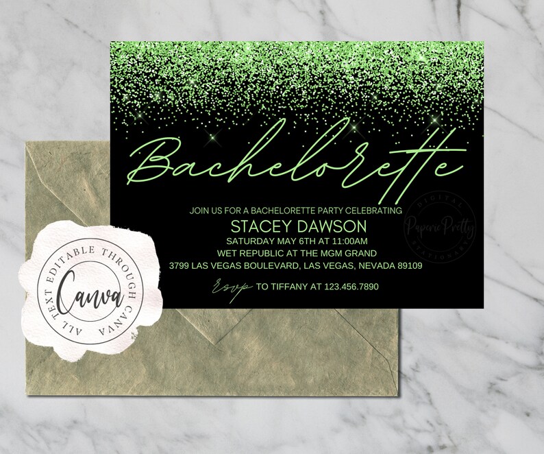 Lime Green Sparkle Bachelorette Party Invitation Template, Hen Party ...