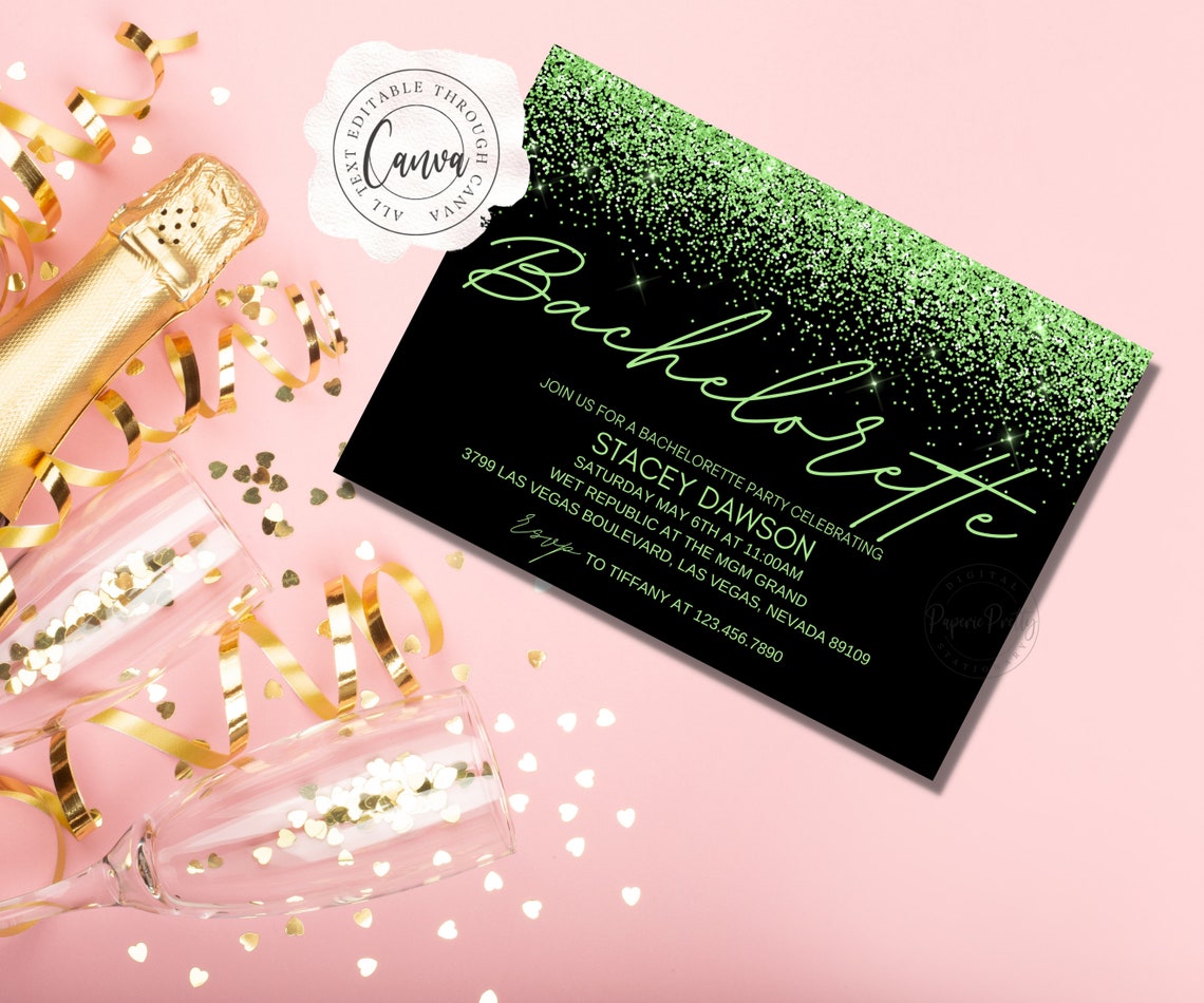 Lime Green Sparkle Bachelorette Party Invitation Template Hen - Etsy