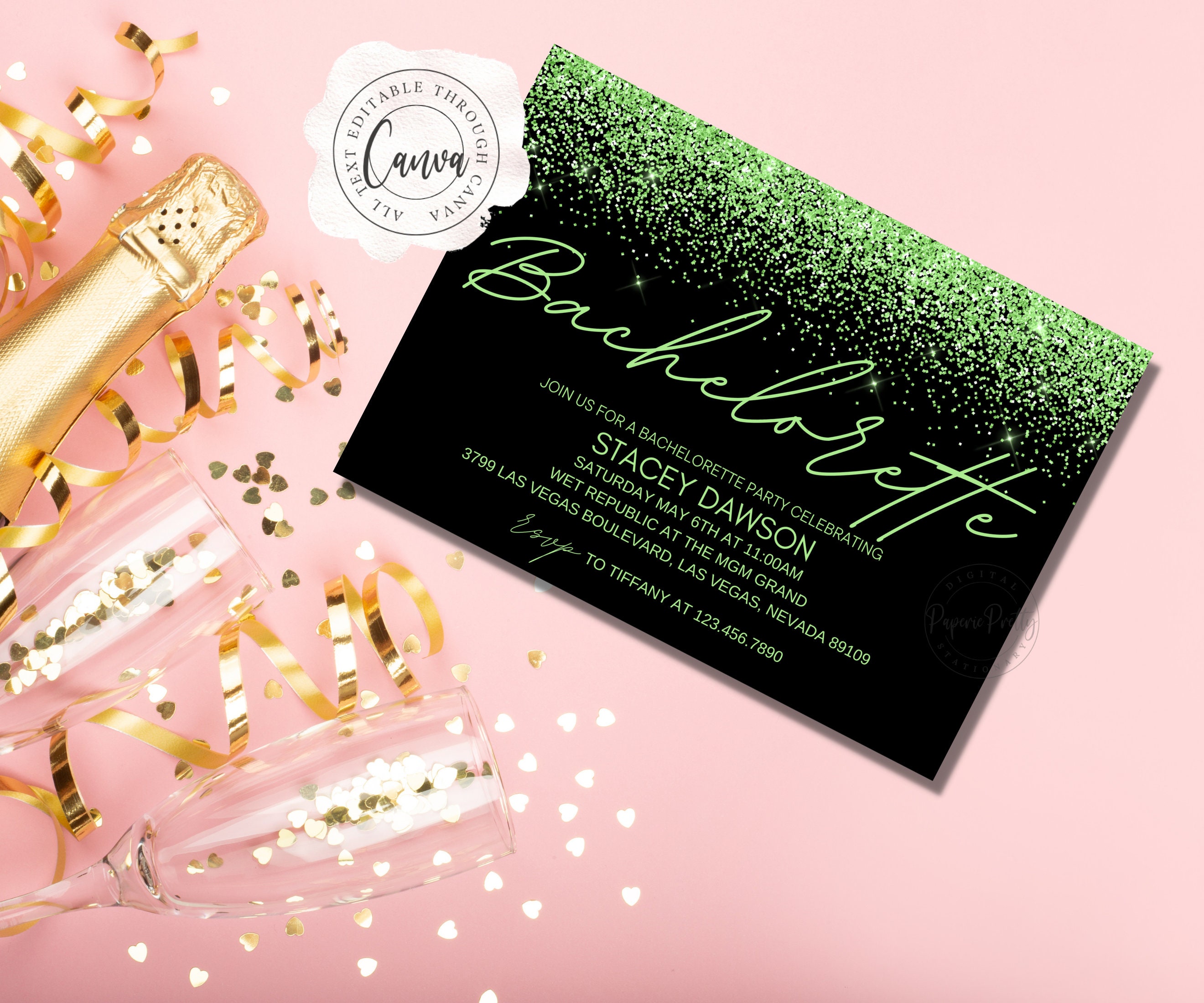 Lime Green Sparkle Bachelorette Party Invitation Template, Hen Party ...