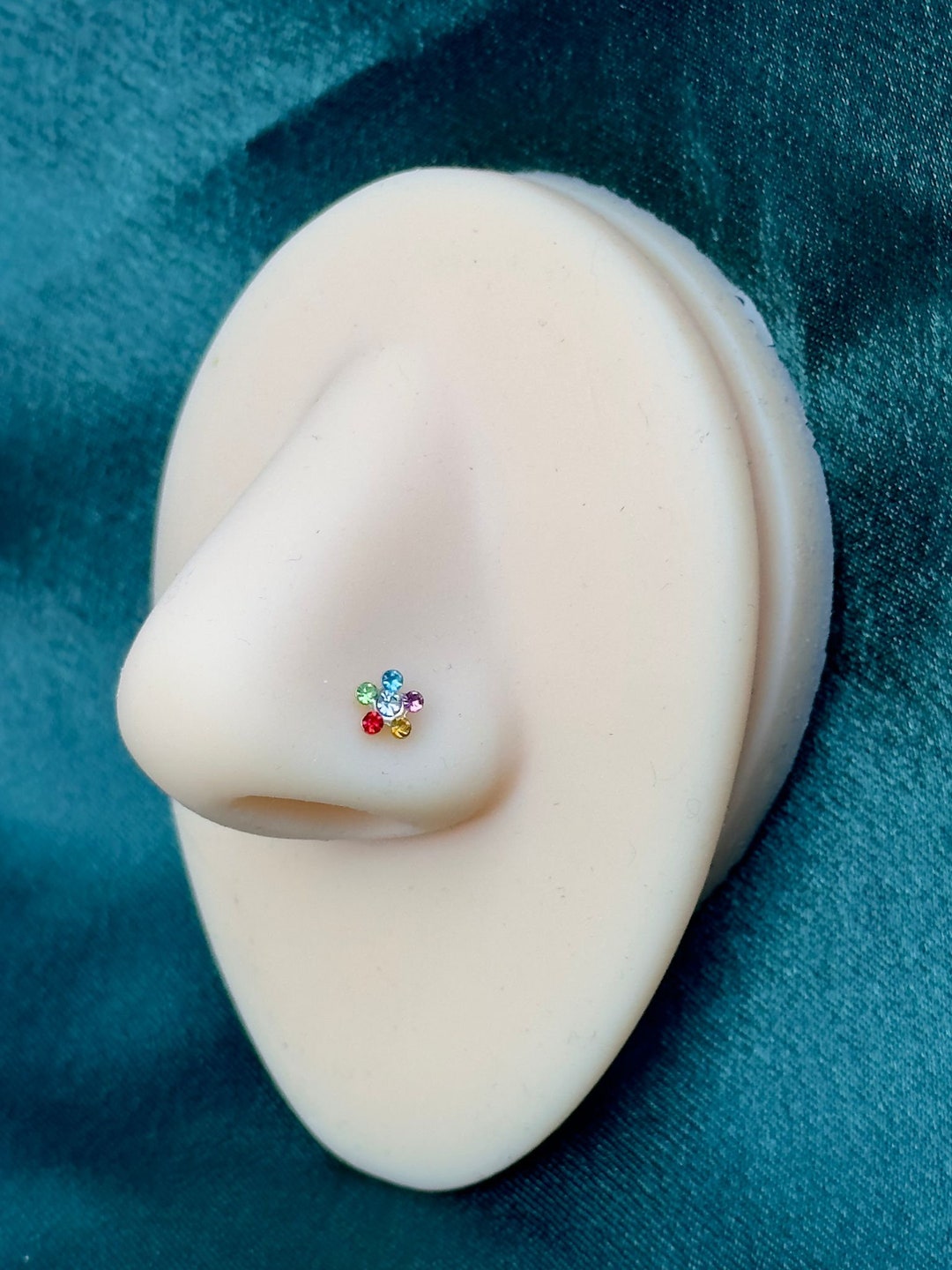 Floral L Shaped Silver Nose Stud Multicolor Ball Shape Nose Stud Ring Nose Round 925 Sterling ...