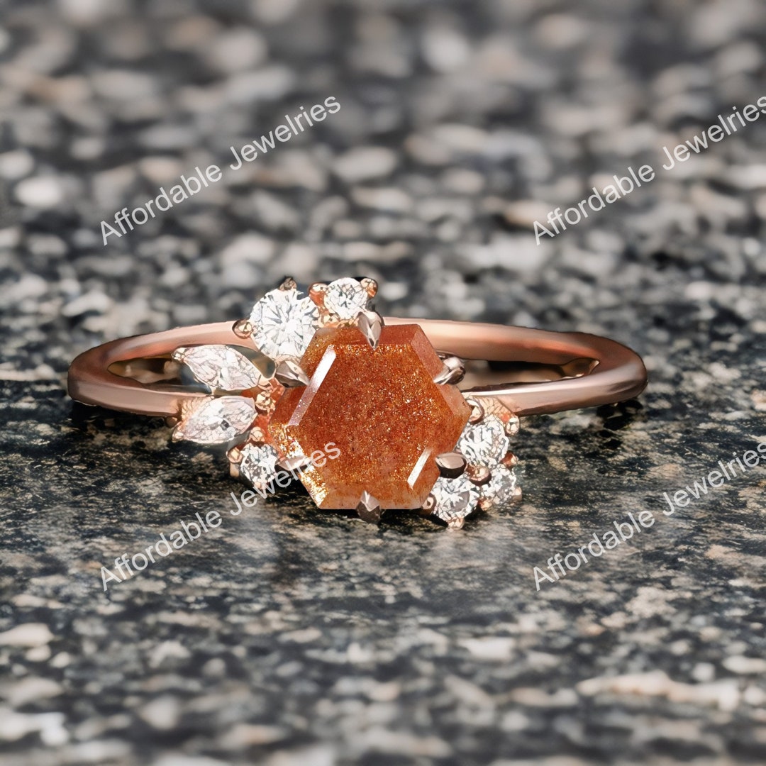 Hexagon Cut Natural Golden Sandstone Ring, Goldstone Engagement Ring ...