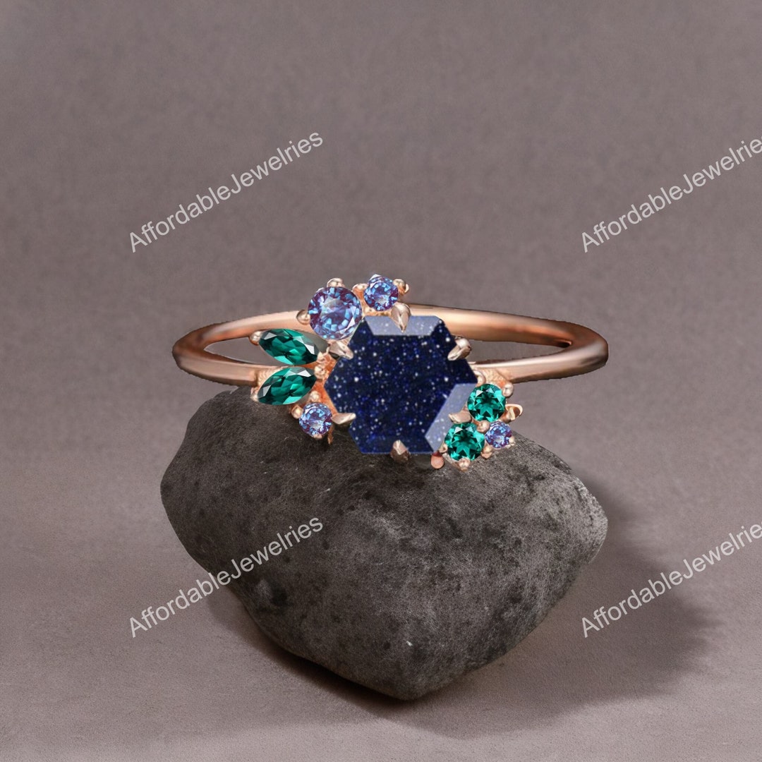 Galaxy Hexagon Cut Blue Sandstone Engagement Ring,emerald & Alexandrite ...