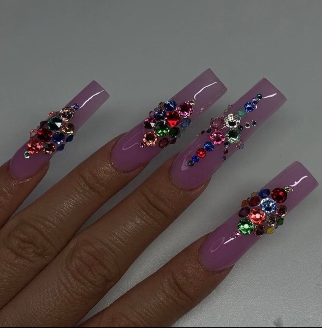 Pink / Multi Color Swarovski Crystal Press on Nails - Etsy