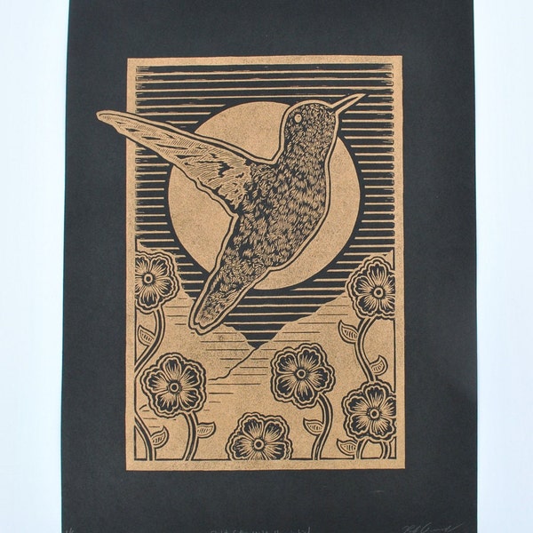 Linocut Print Hummingbird - Etsy
