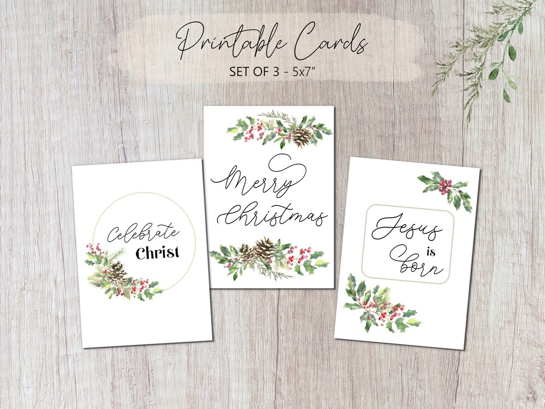 Christian Christmas Cards Printable, Holly Christmas Greeting Cards Set ...