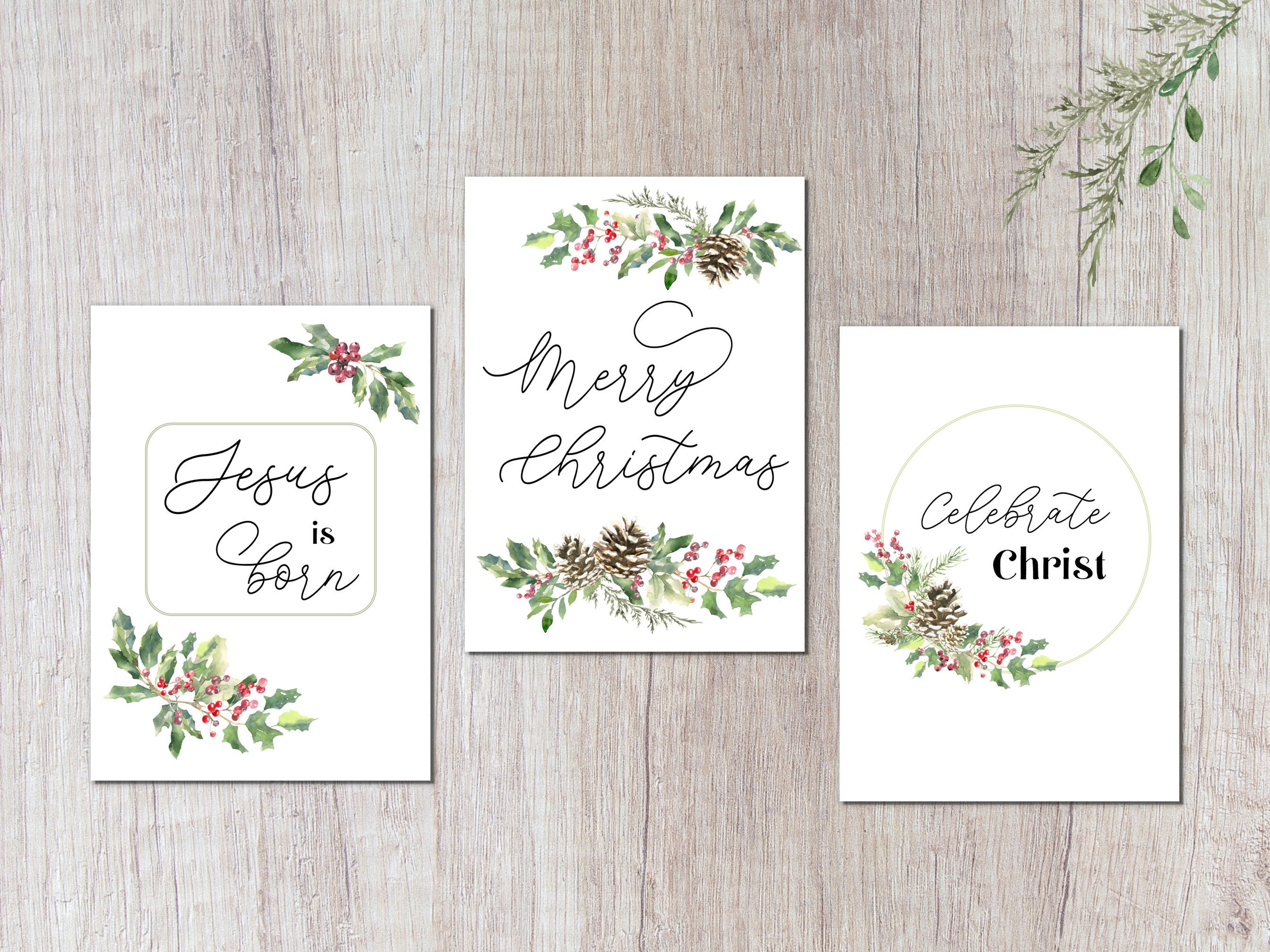 Christian Christmas Cards Printable, Holly Christmas Greeting Cards Set ...