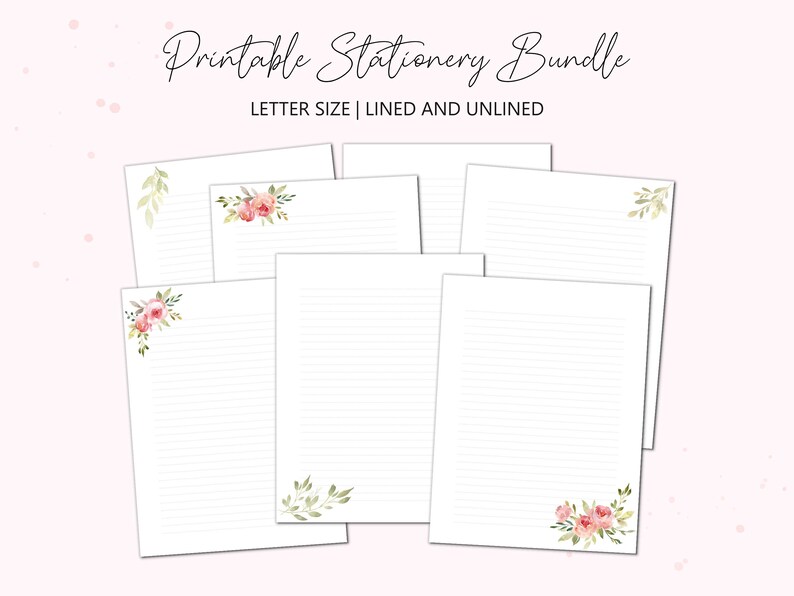 Printable Line Stationery Set With Leaf and Floral Designs, US Letter ...