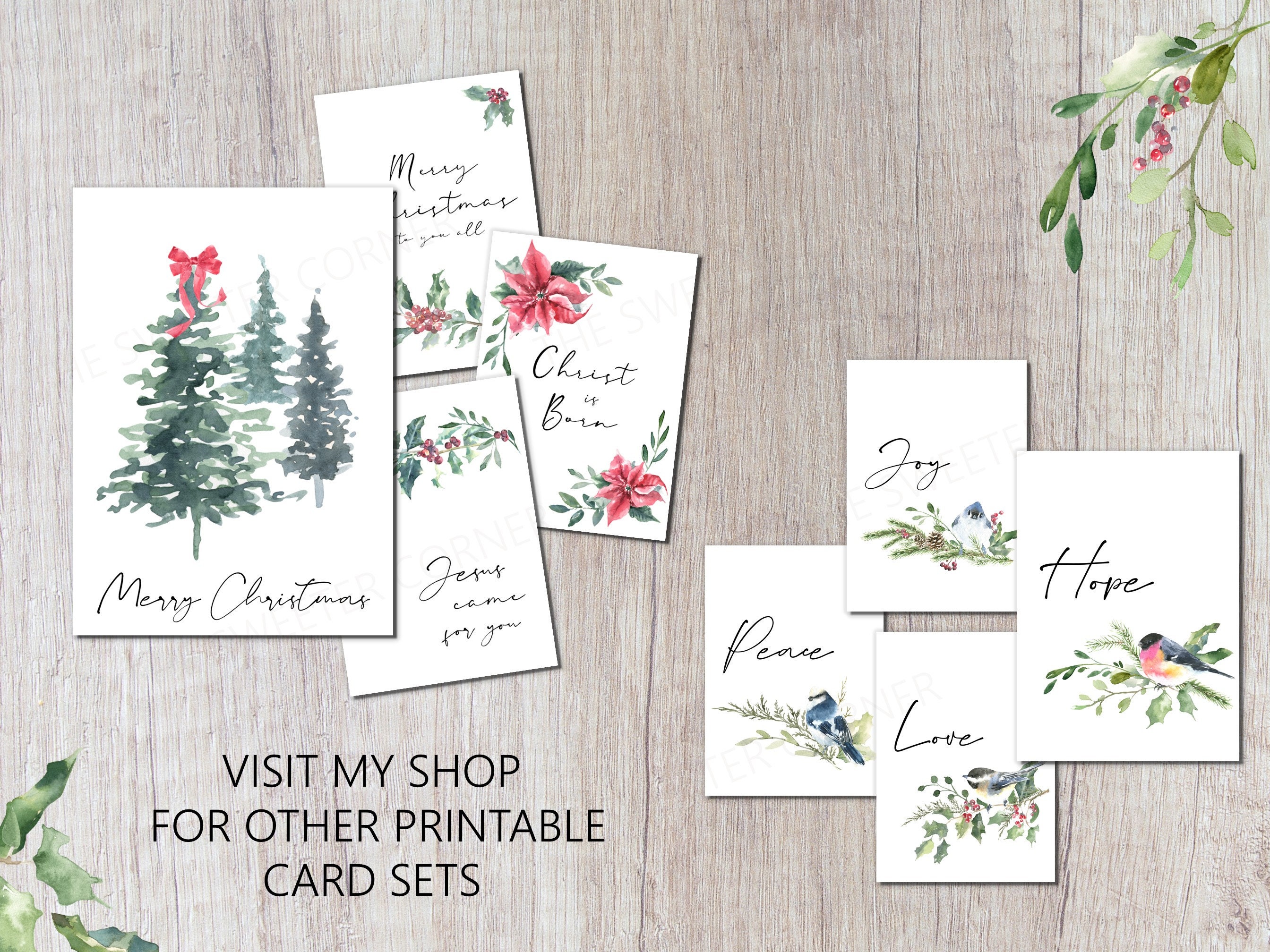 Christian Christmas Cards Printable, Holly Christmas Greeting Cards Set ...