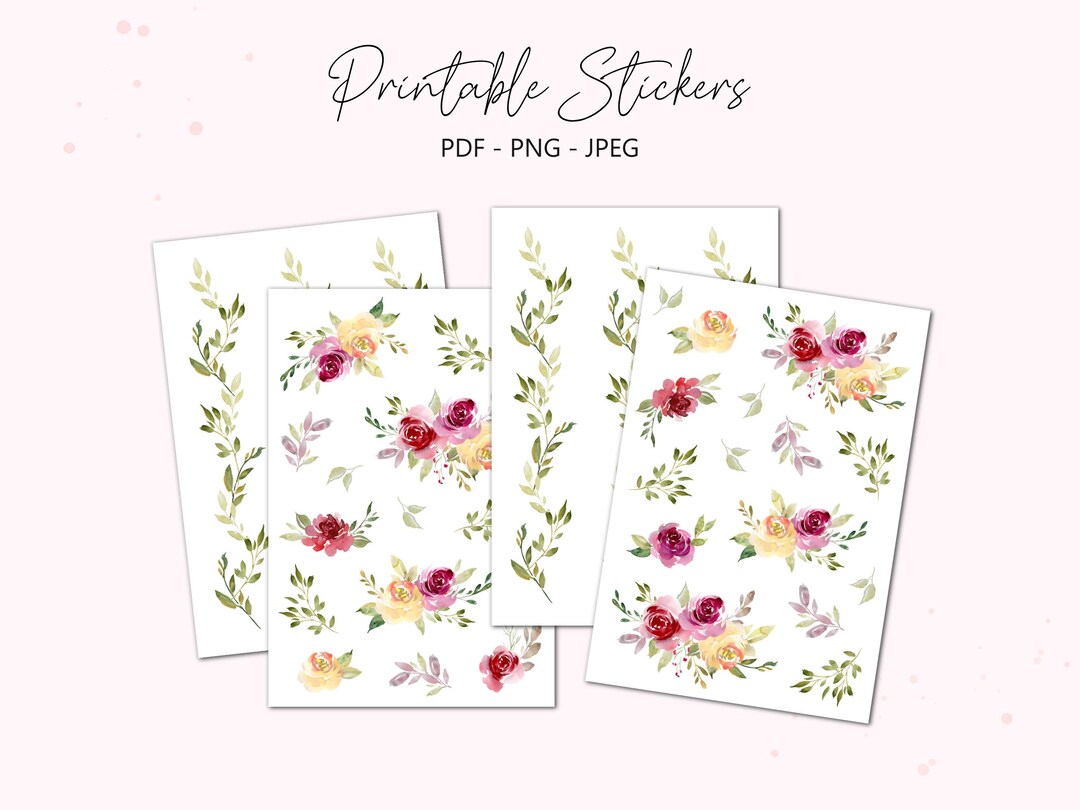 Printable Watercolor Floral Stickers: Planner Stickers, Leaf Border ...