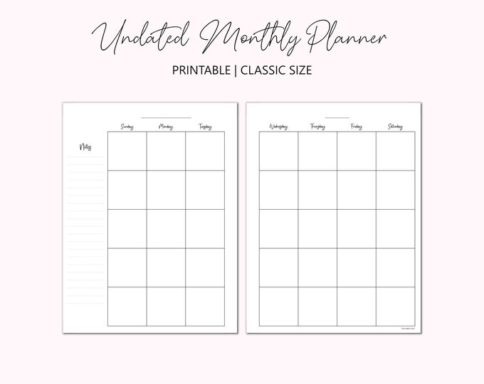 Undated Monthly Planner Printable, Month on 2 Pages Undated Planner ...