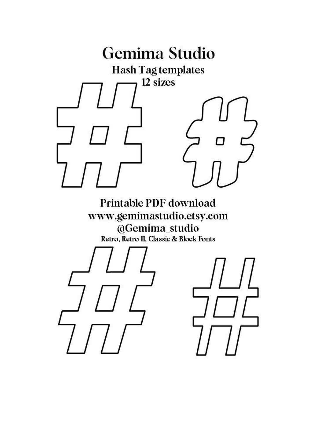 Hashtag Templates PDF Download Printable 4 Fonts & 12 Sizes - Etsy