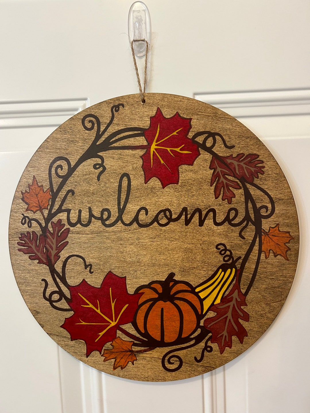 Hand Painted Fall Welcome Door Sign With Pumpkin & Leaves - Etsy
