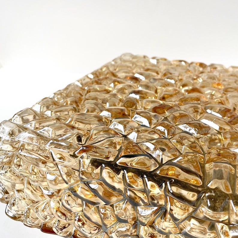 60s Mid Century Modern Ceiling Light Amber Glass Lamp Large Square ...
