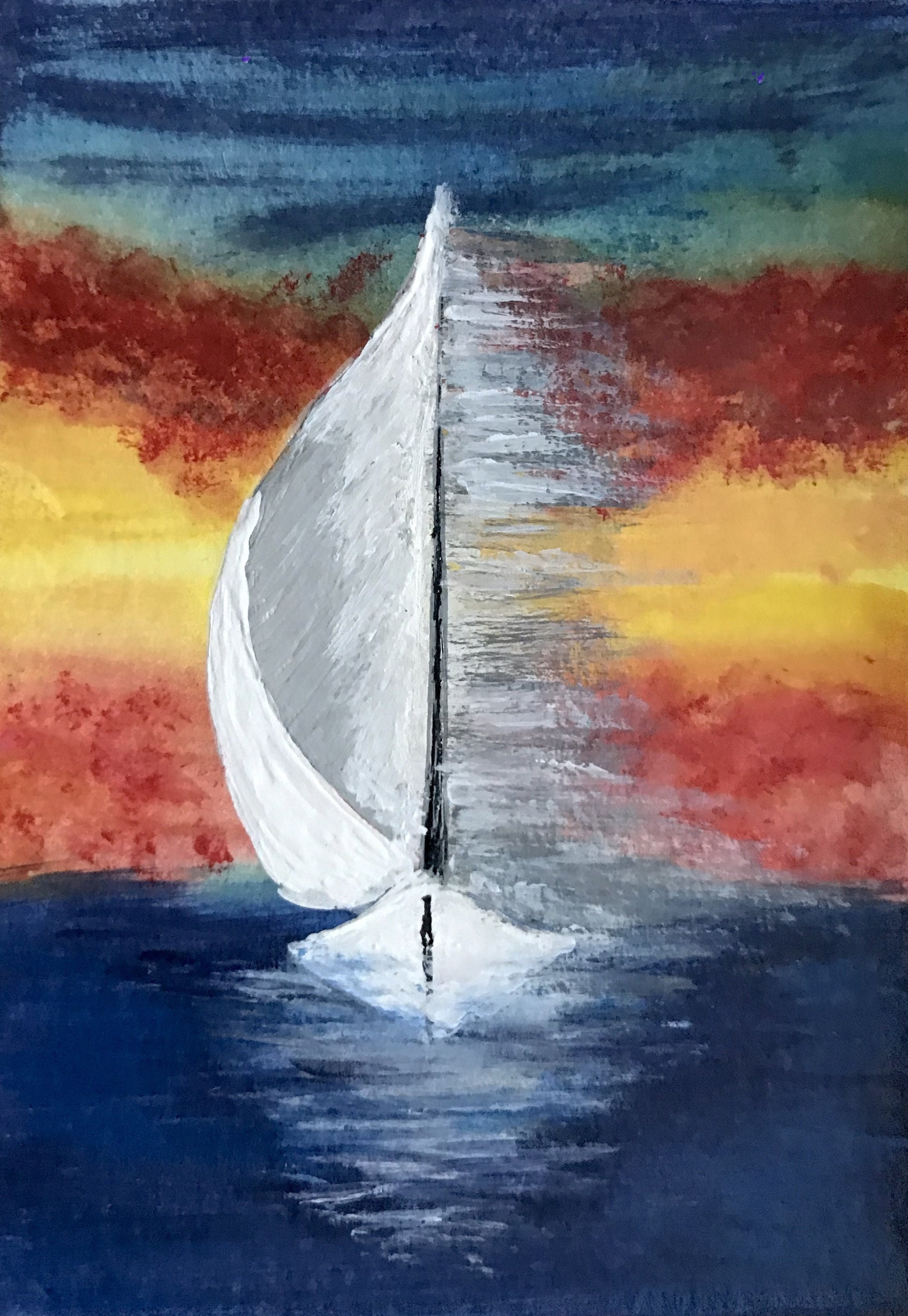 ACEO Print of Original Art Painting Blue Sea Clouds White Sailboat by ...