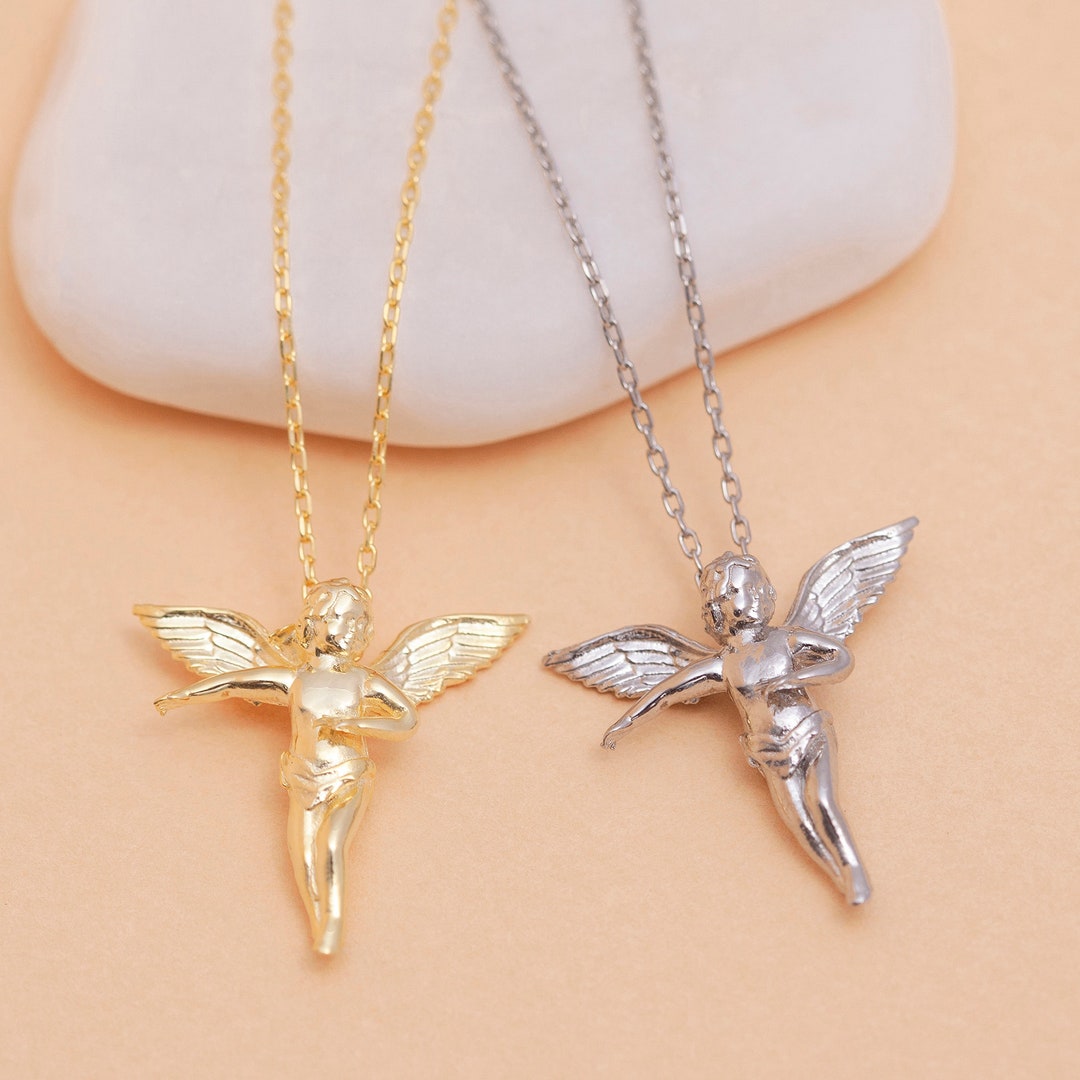 Gold Angel Necklace, Angel Wings Jewelry, Silver Cherub Necklace, Angel ...