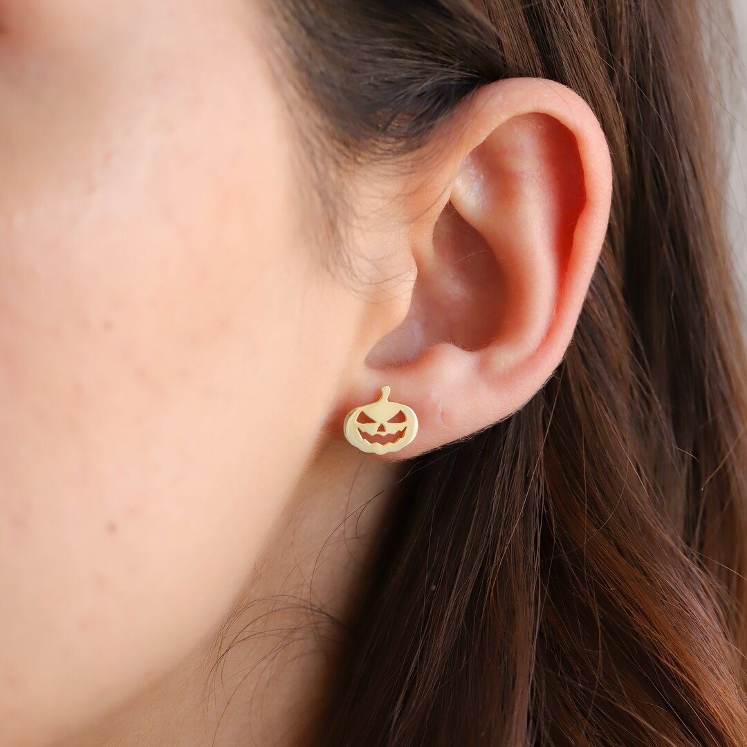 14K Gold Dainty Pumpkin Stud Earrings, Spooky Scary Studs, Halloween ...
