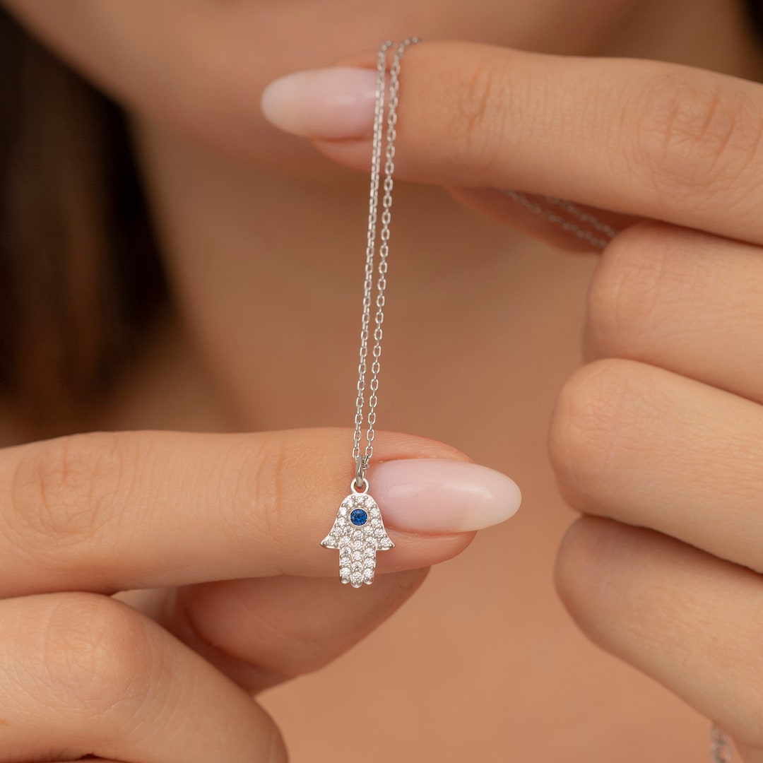 14K Gold Hamsa Hand Necklace, Dainty Silver Hand of Fatima Pendant ...