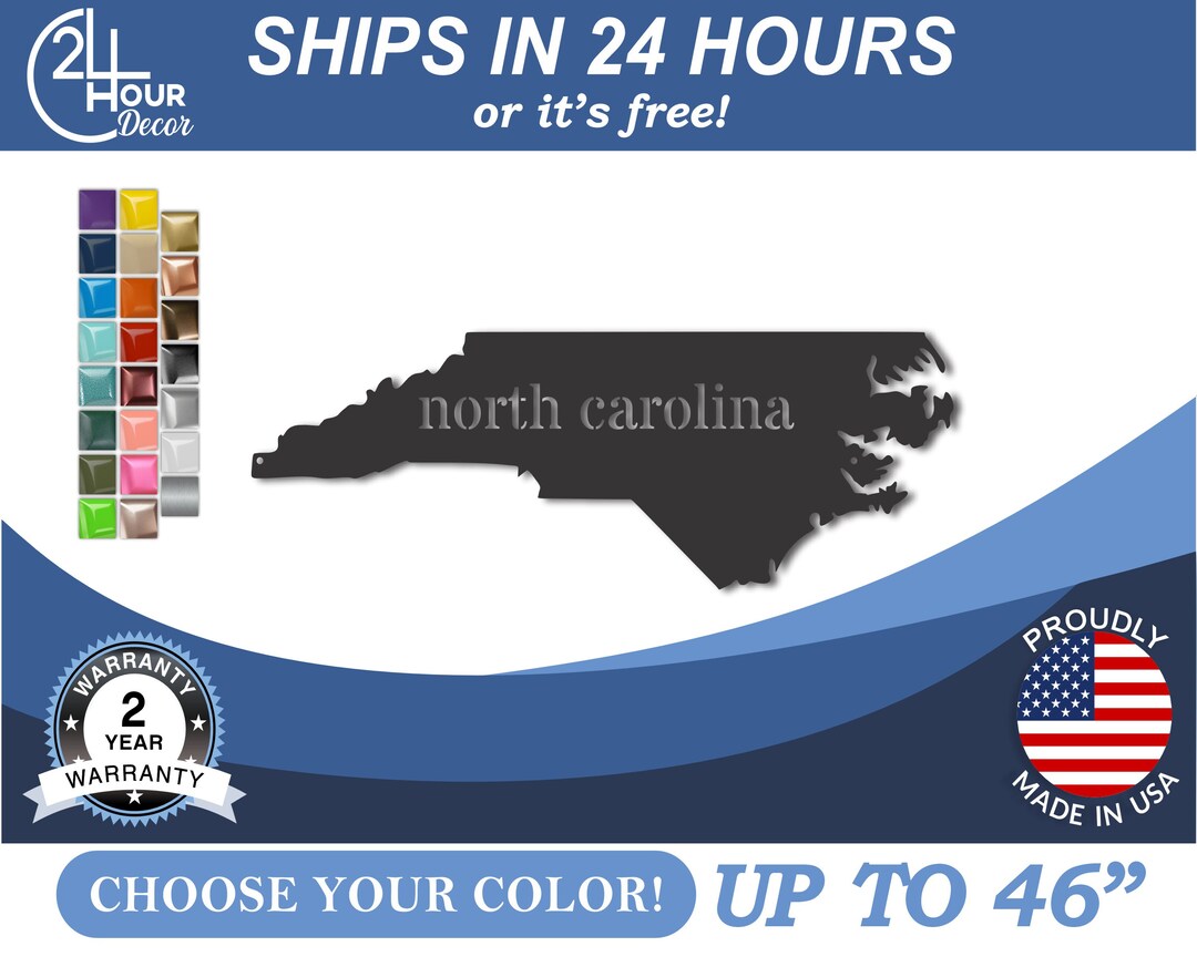 Metal North Carolina Wall Art - Custom Metal US State Sign - 22 Color ...