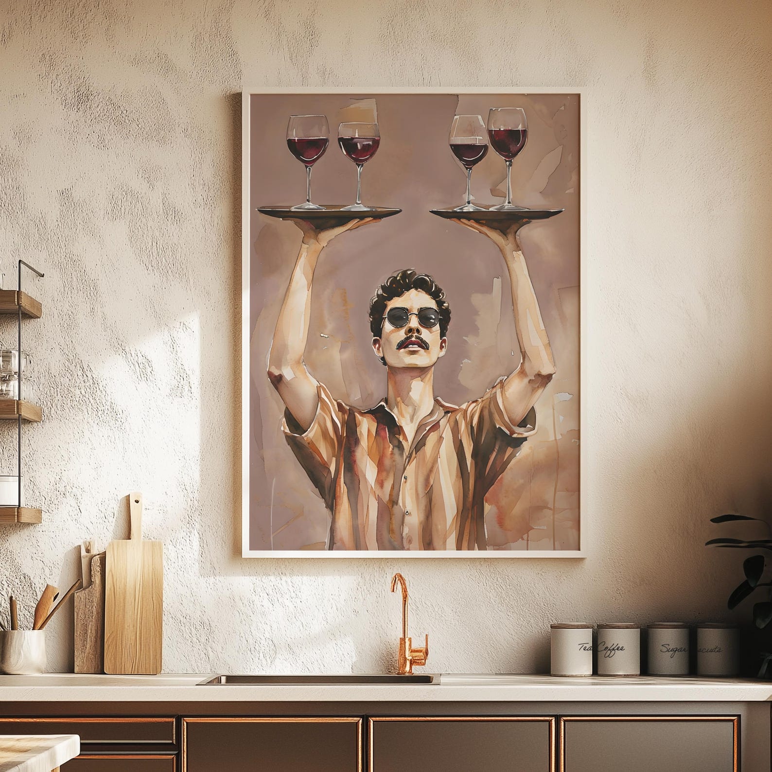 Vintage Waiter Watercolor Print, Wine Lover Bar Decor (digital Download ...