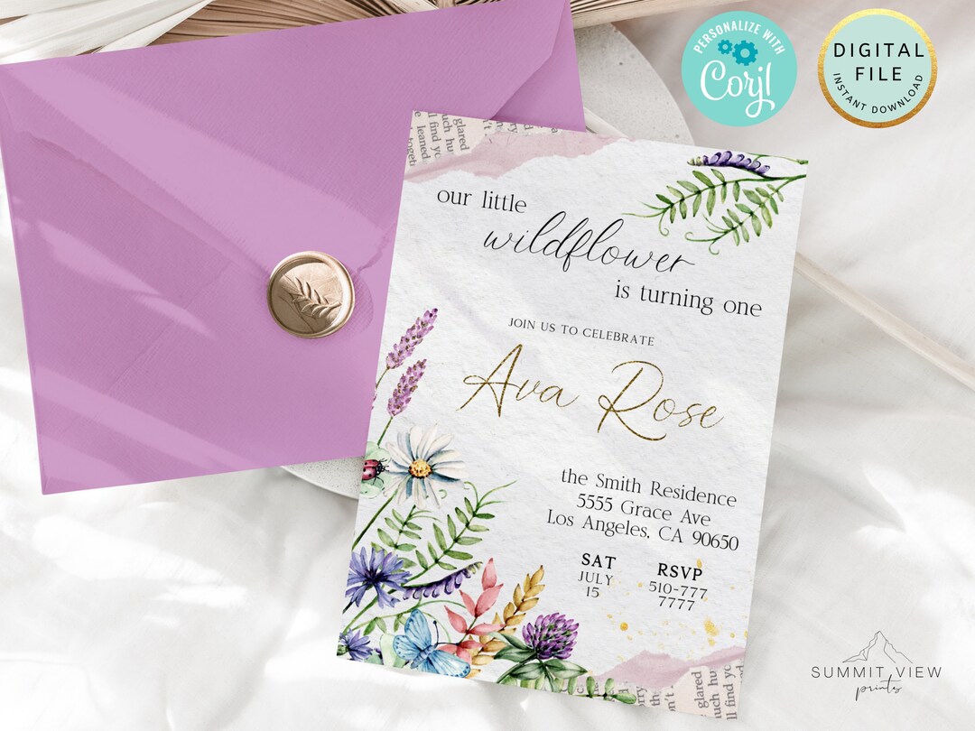 Editable Wildflower Birthday Invitation First Birthday Card Little ...