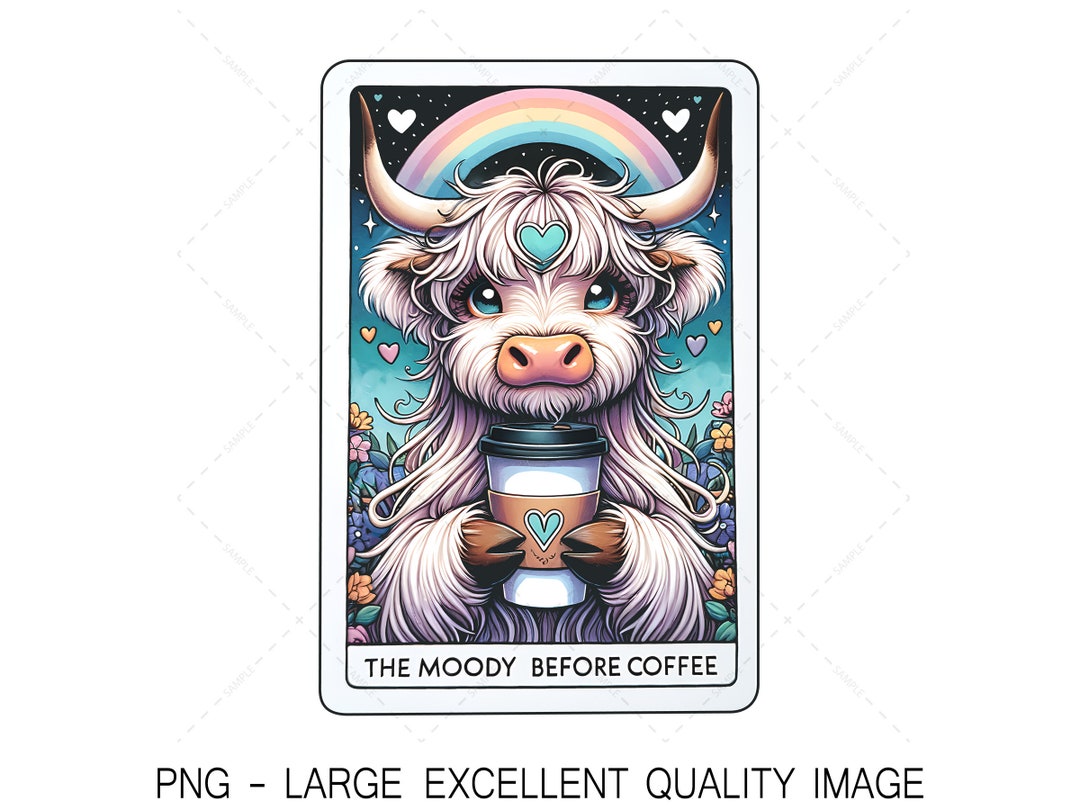 Moody Highland Cow Tarot Card PNG, Coffee Lover Shirt Design (digital ...