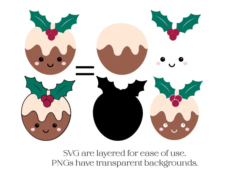 Cute Xmas Puddings SVG, PNG. Fun & Festive Kawaii Holiday Clipart ...