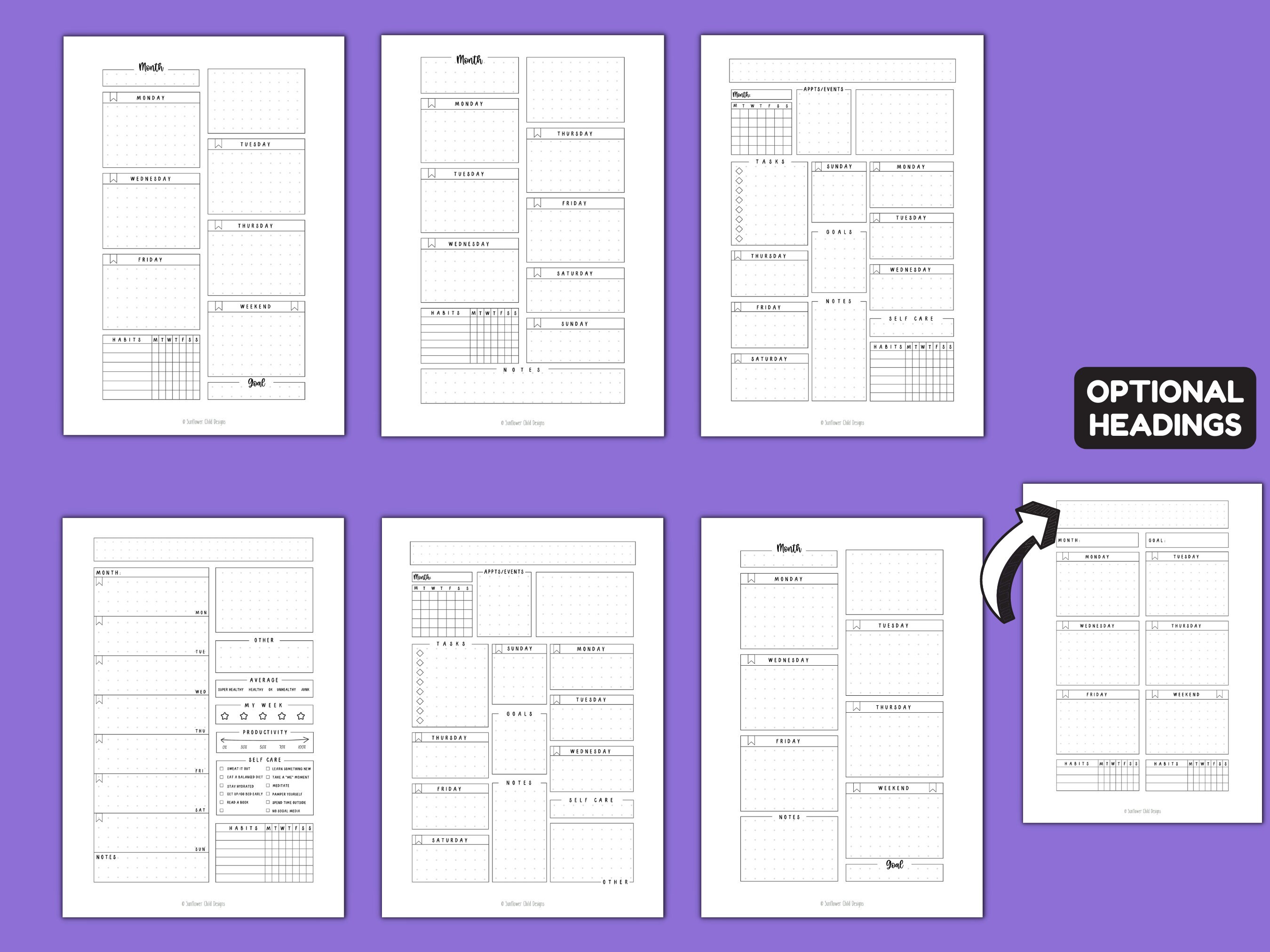 Week at a Glance on One Sheet, Printable Weekly Planner, Weekly Planner ...