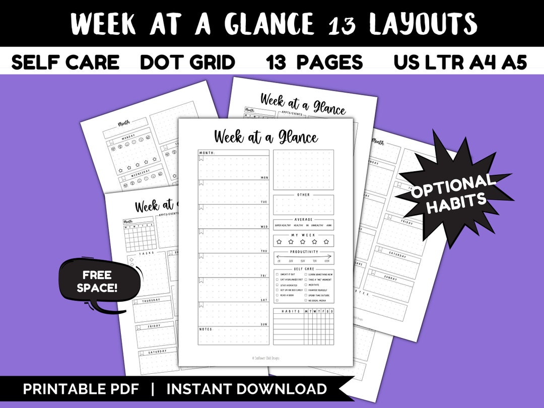 Week at a Glance on One Sheet, Printable Weekly Planner, Weekly Planner ...