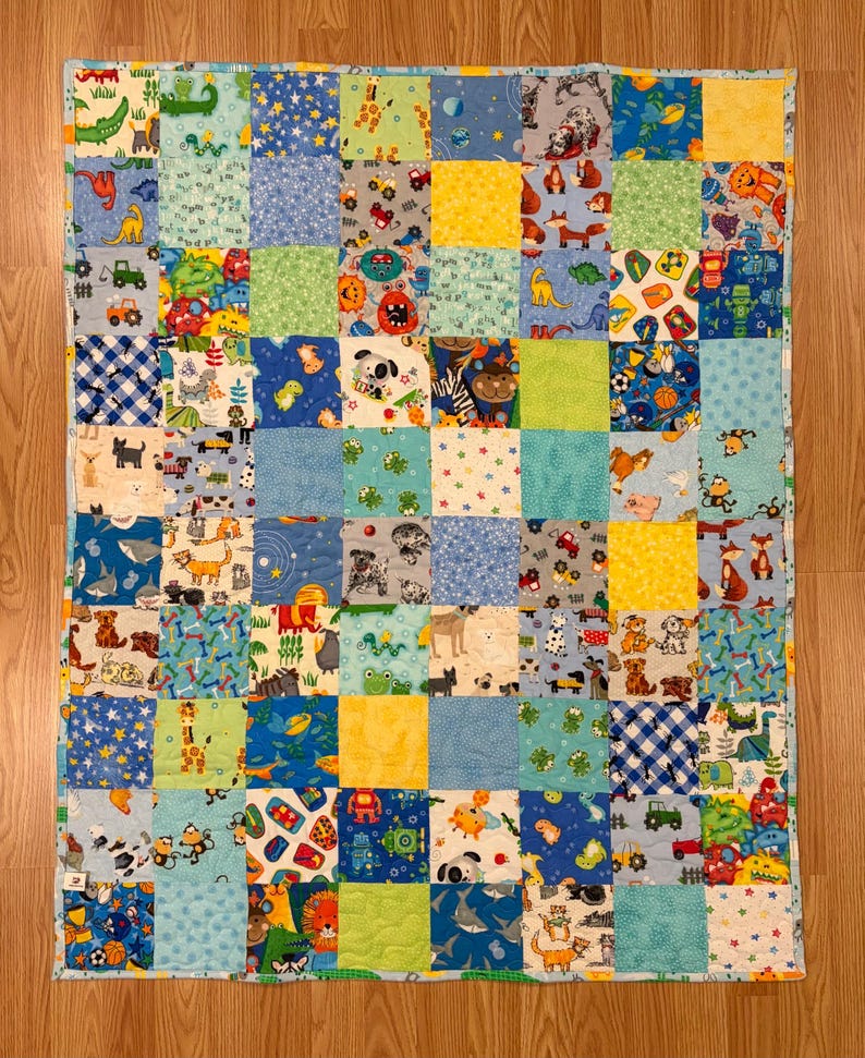 Handcrafted Flannel Baby Quilt: Zoo Animals, Boy Nursery Decor (37x46 ...