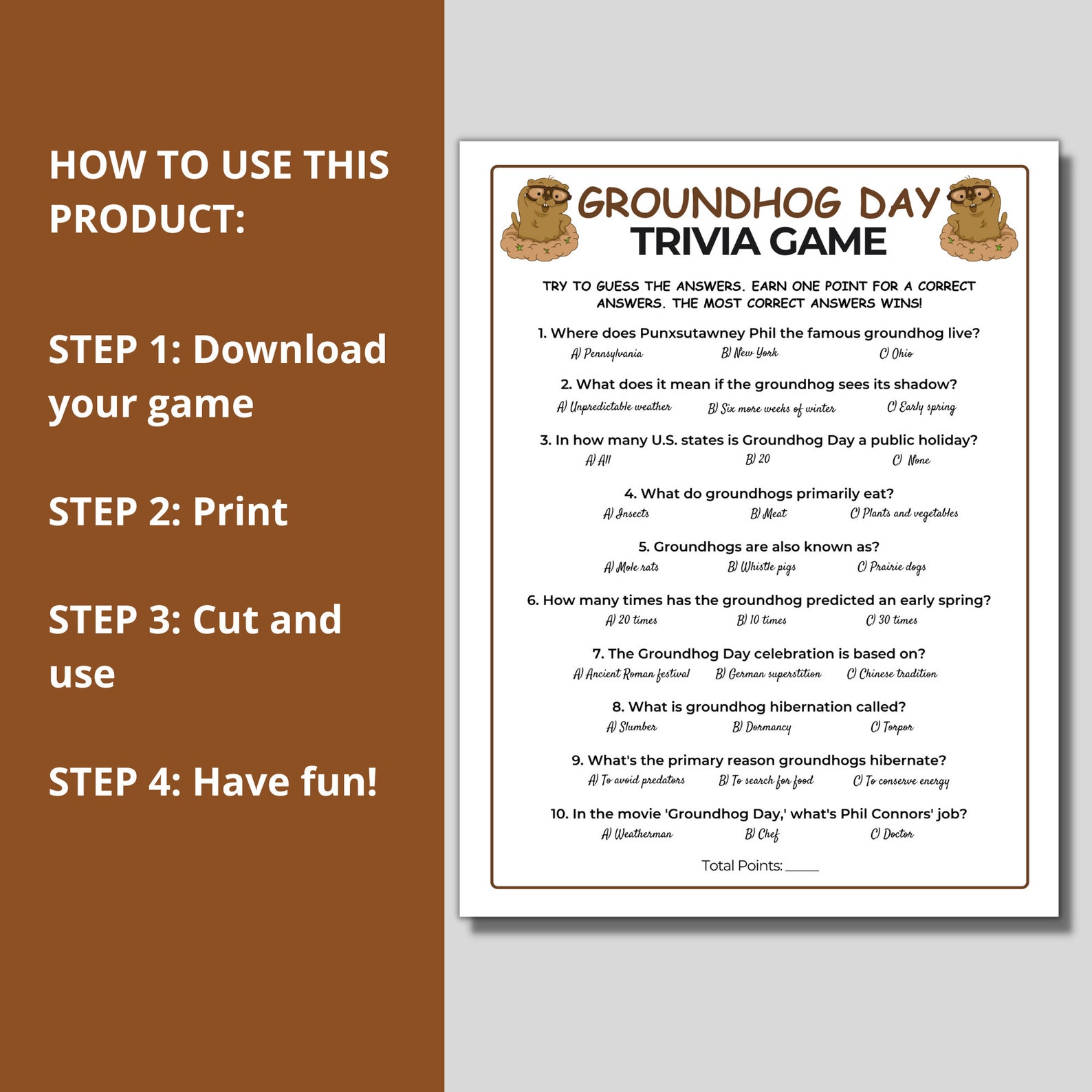 Groundhog Day Trivia Game, Printable Groundhog Day Activity, Fun ...