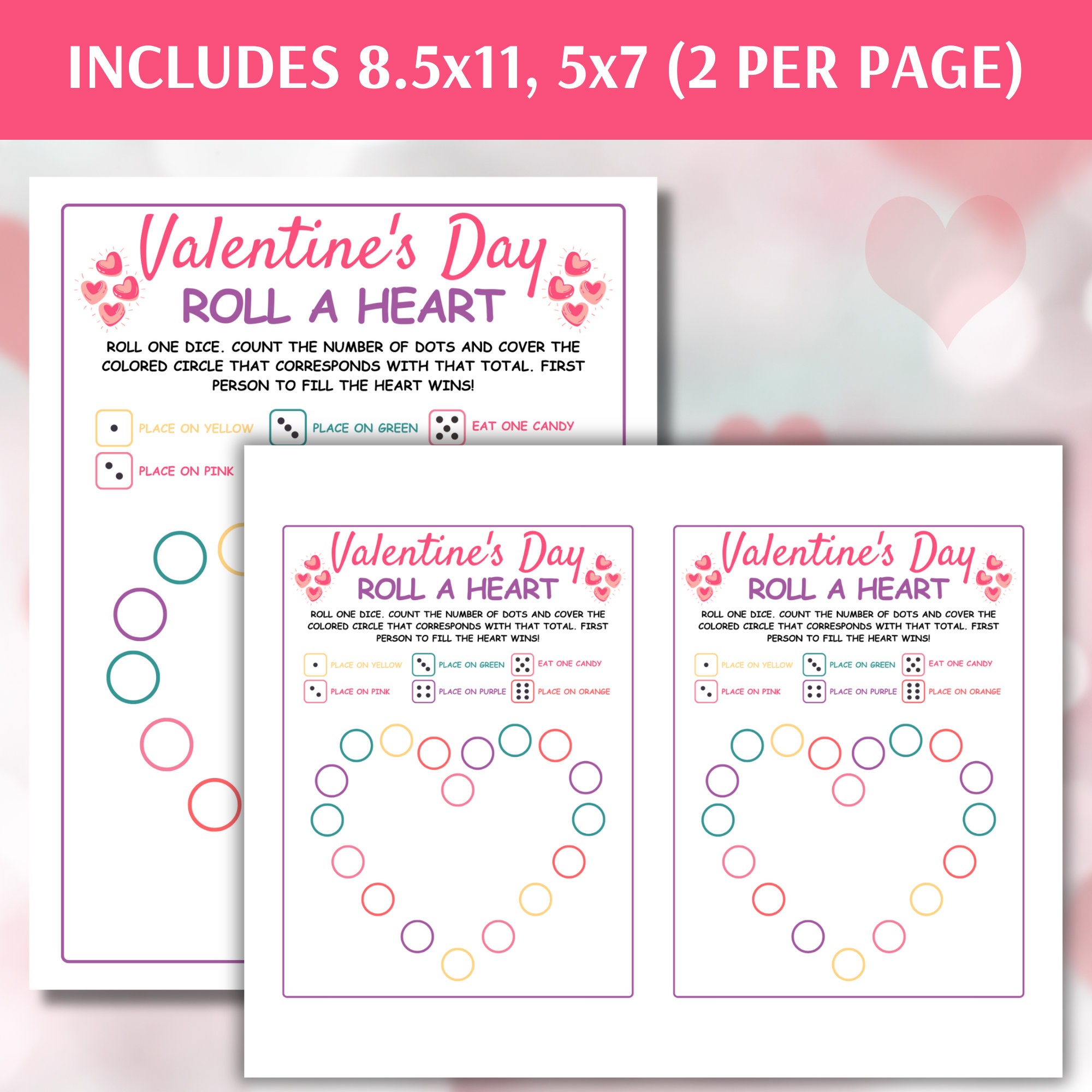 Valentine's Day Roll a Heart Game, Printable Valentines Dice Game, Fun ...