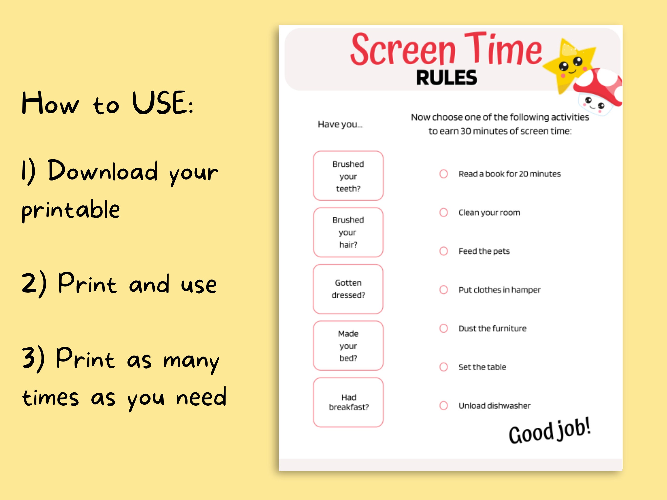 Summer Screen Time Rules Printable Checklist, Screen Time Chart, Daily ...