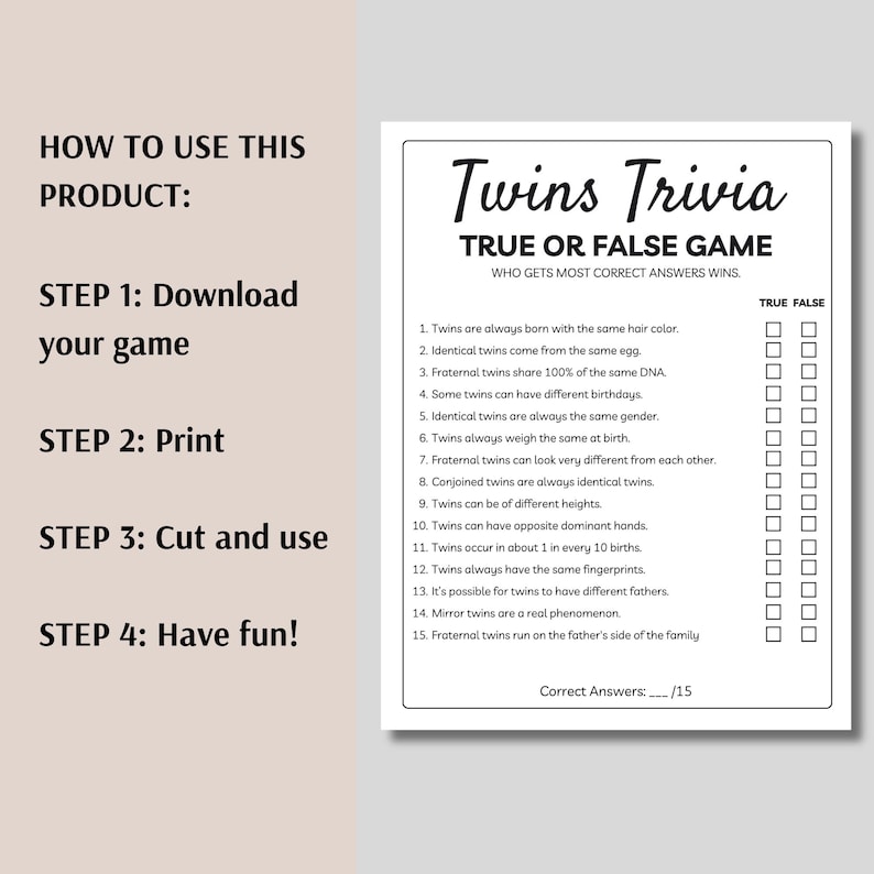 Twins Trivia Game, Printable Twin Baby Shower Game, Baby Shower True or ...