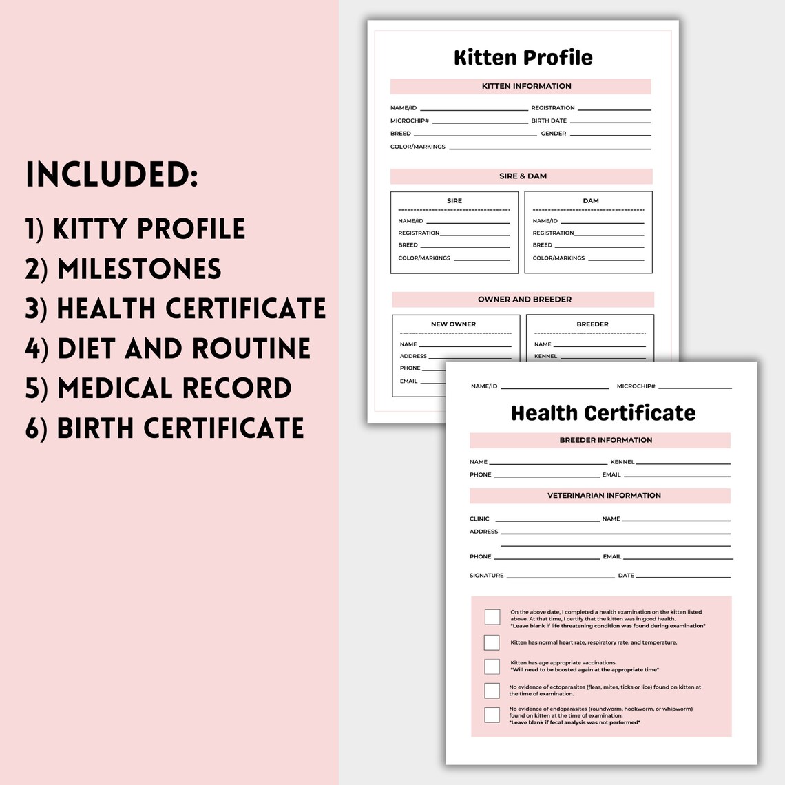 Cat Breeder Forms, Breeder Cat Pack, Kitten Breeder Records, Kitten ...