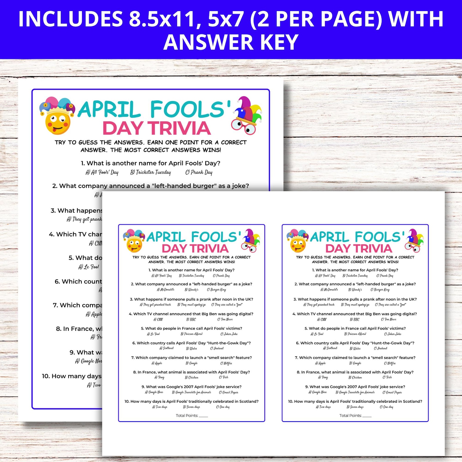 April Fools' Day Trivia Game, Printable April Fools Day Game, Fun April ...