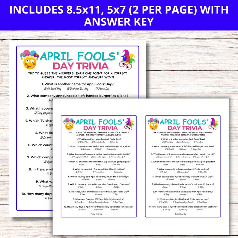 April Fools' Day Trivia Game, Printable April Fools Day Game, Fun April ...