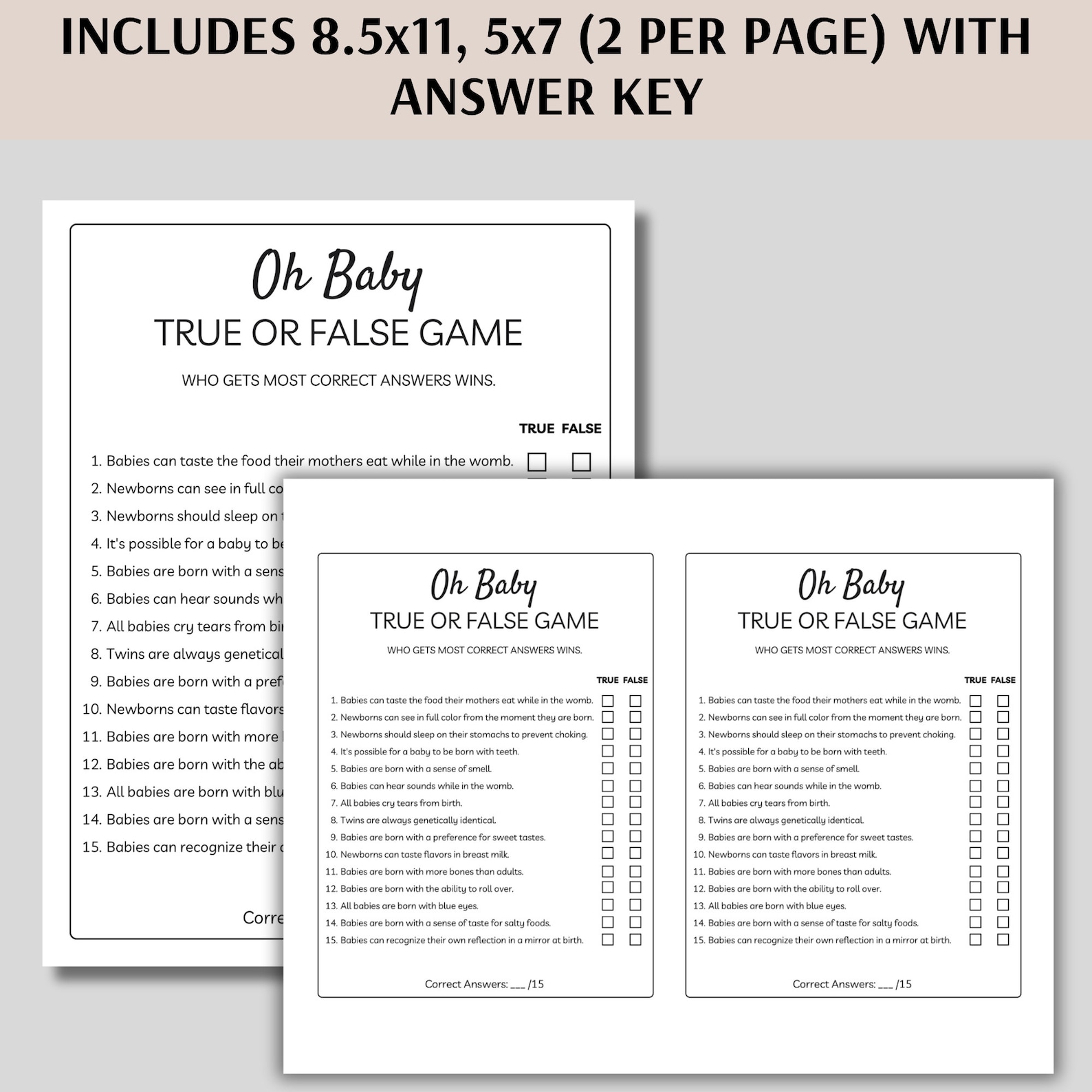 True or False Baby Shower Game, Printable Baby Shower True or False ...