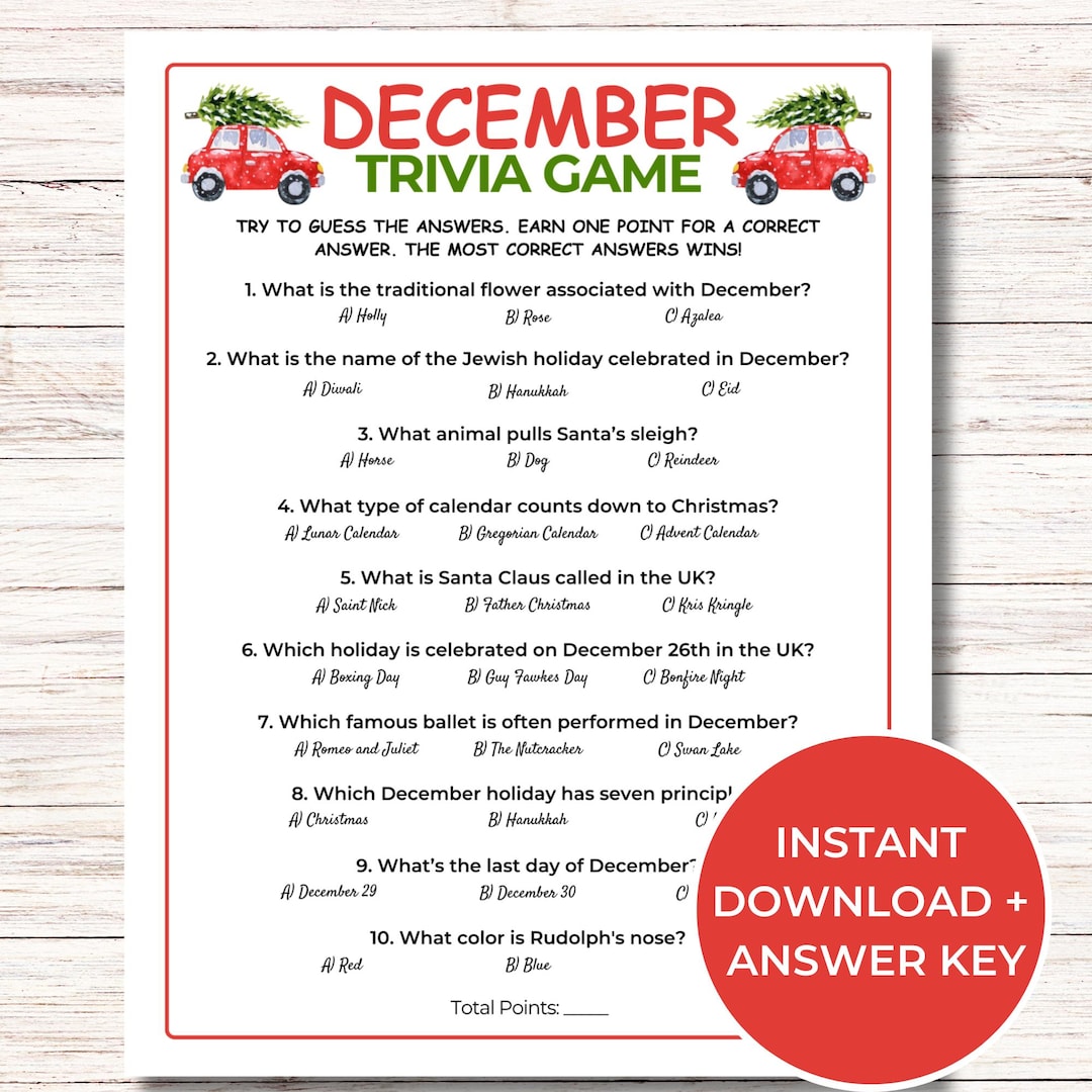 December Trivia Game, Printable December Games, Winter Holiday Game ...