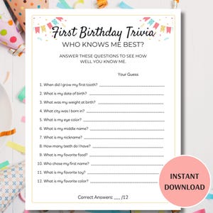 First Birthday Trivia Game, Printable First Birthday Party Game, Fun ...