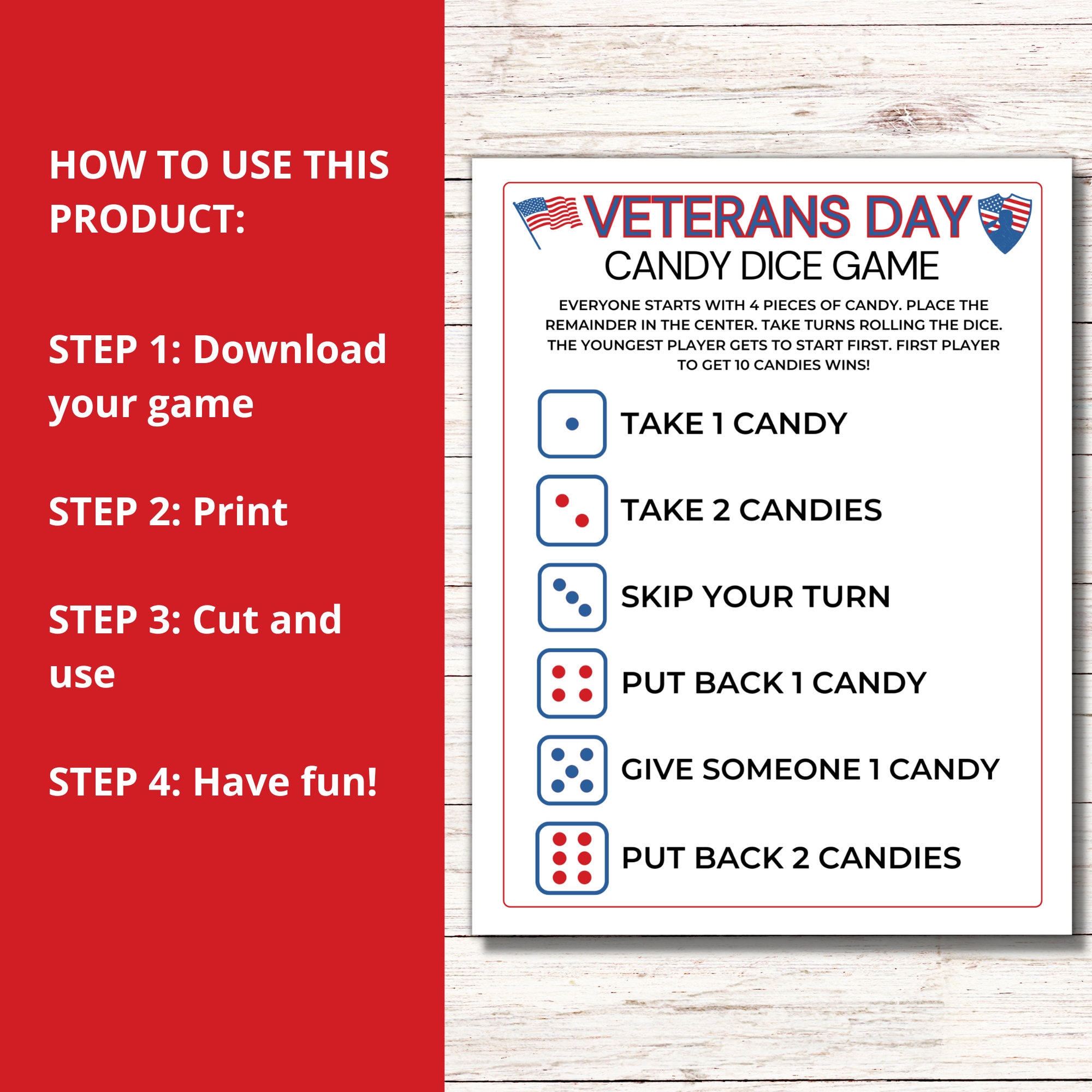 Veterans Day Candy Dice Game, Printable USA Party Games, Patriotic Dice ...