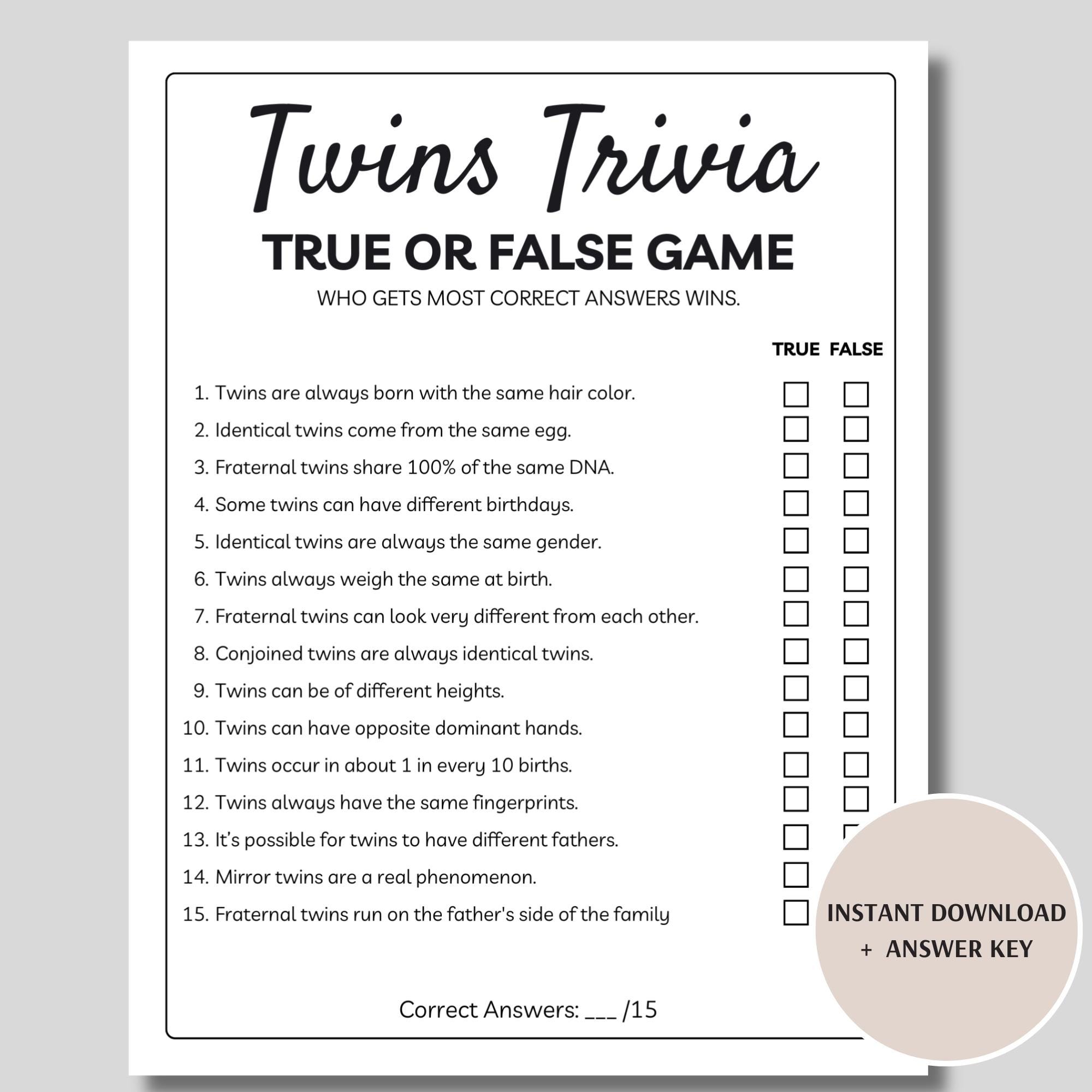 Twins Trivia Game, Printable Twin Baby Shower Game, Baby Shower True or ...