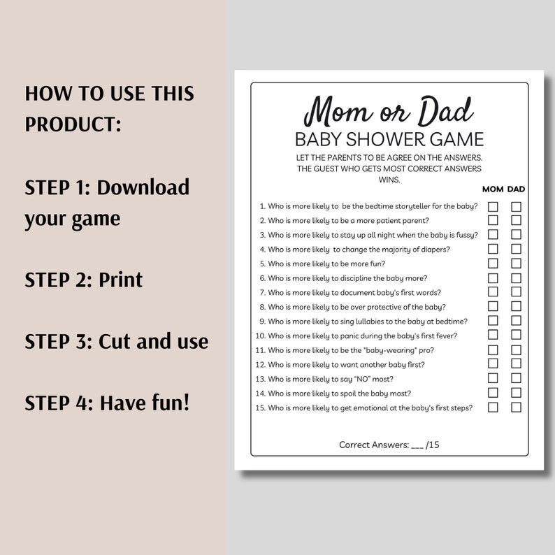 Mom or Dad Baby Shower Game, Printable Baby Shower Mom or Dad Game ...
