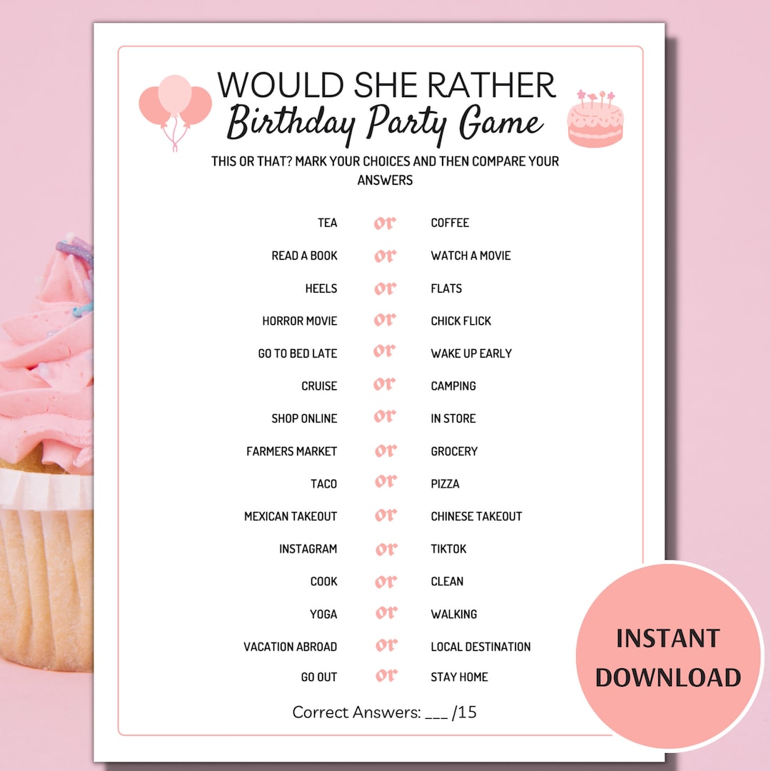 Birthday Would She Rather Game, Printable Adult Birthday Party Games ...