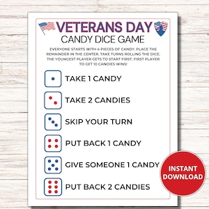 Veterans Day Candy Dice Game, Printable USA Party Games, Patriotic Dice ...