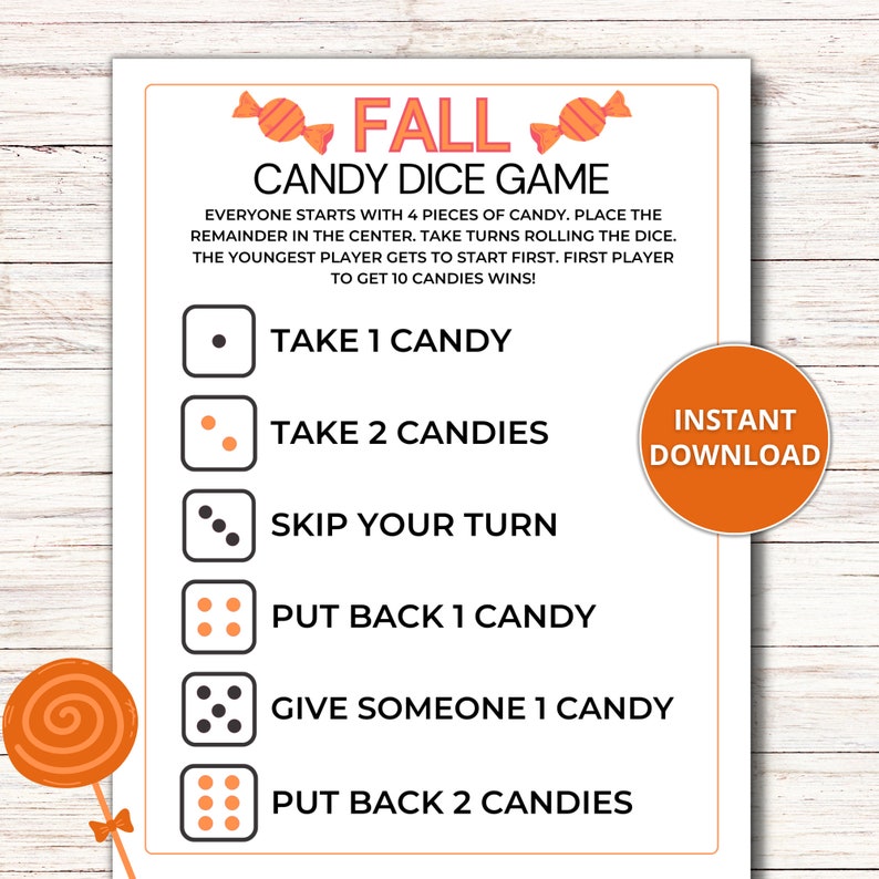 Fall Candy Dice Game, Kids Printable Game, Candy Game for Kids, Fun ...